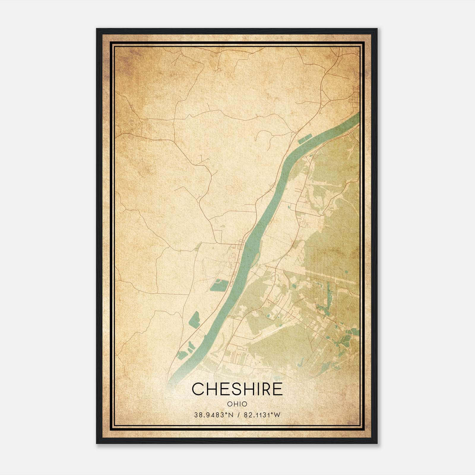 Vintage Cheshire Ohio Map Poster, Cheshire OH City Road Wall Art Print - Custom Maps & Posters