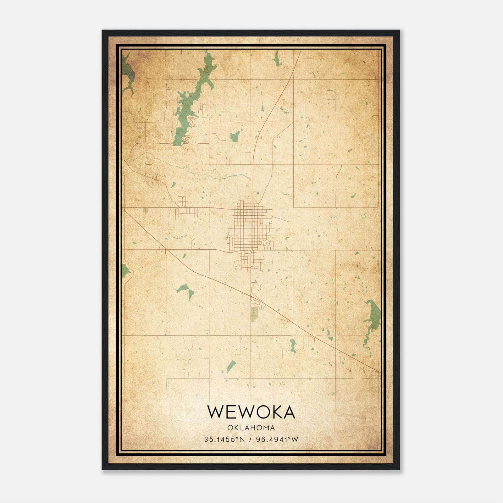 Vintage Wewoka Oklahoma Map Poster, Wewoka OK City Road Wall Art Print ...