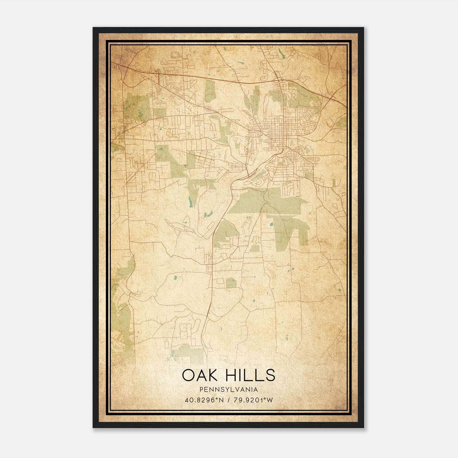 Vintage Oak Hills Pennsylvania Map Poster, Oak Hills PA City Road Wall ...