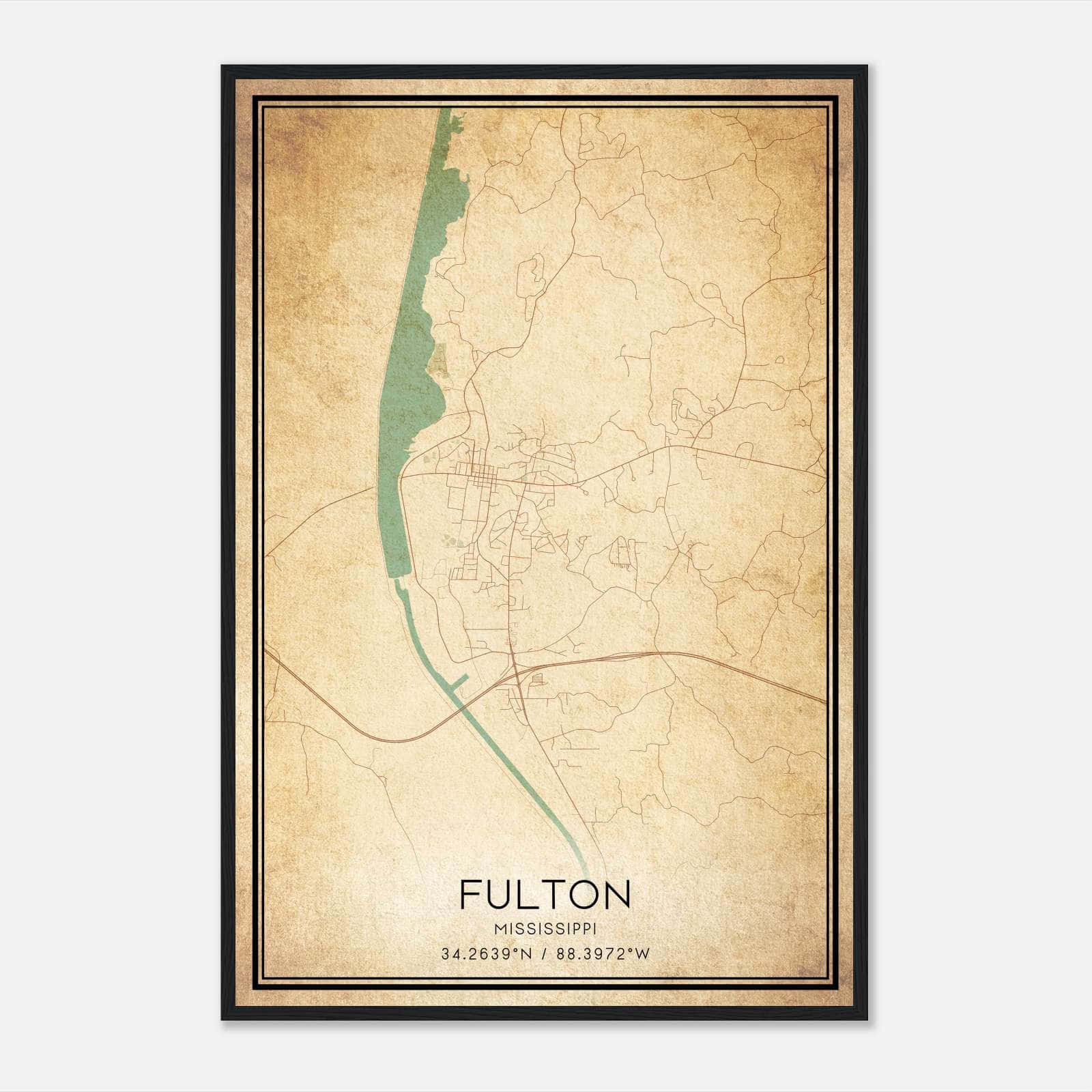 Vintage Fulton Mississippi Map Poster, Fulton MS City Road Wall Art ...