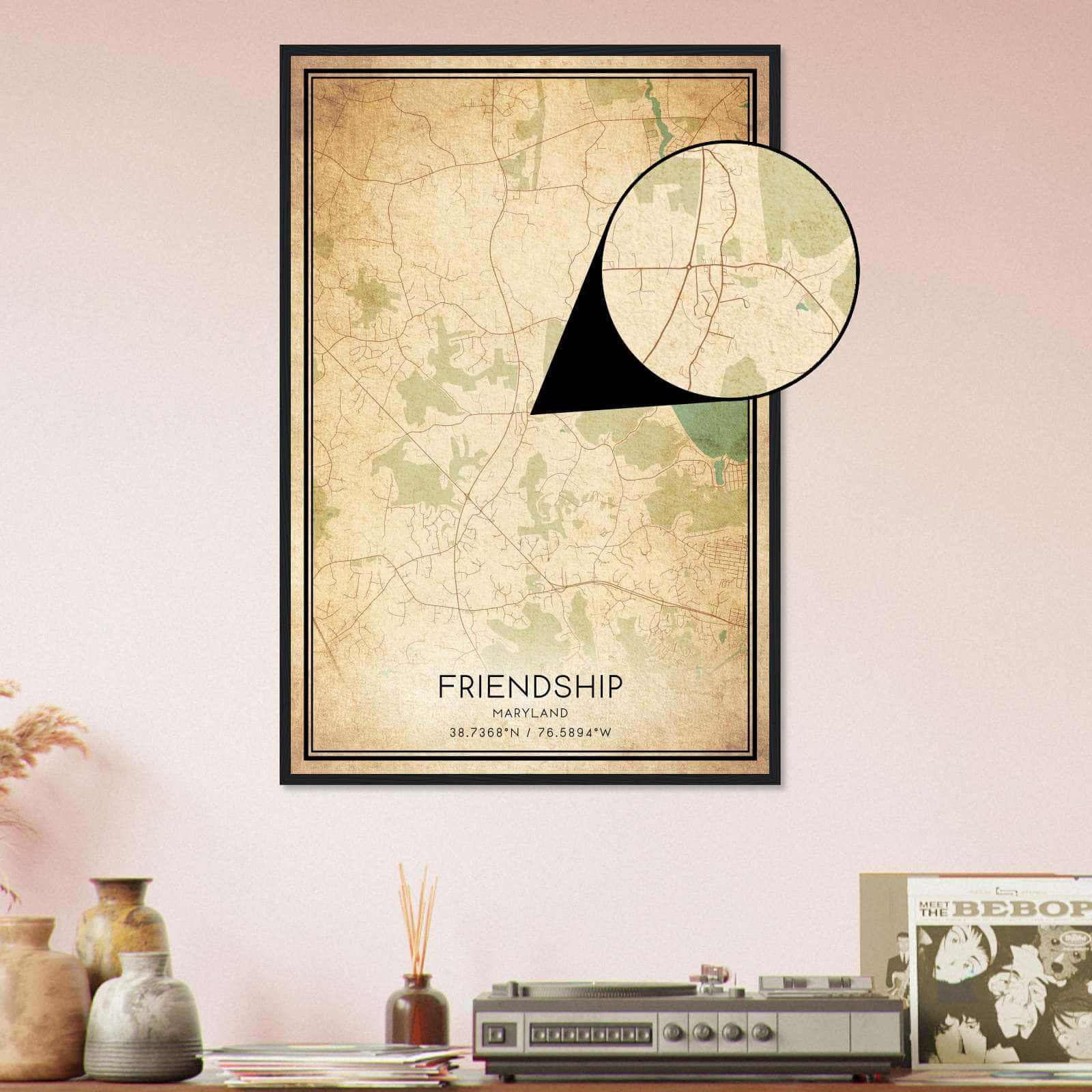 Vintage Friendship Maryland Map Poster, Friendship MD City Road Wall ...