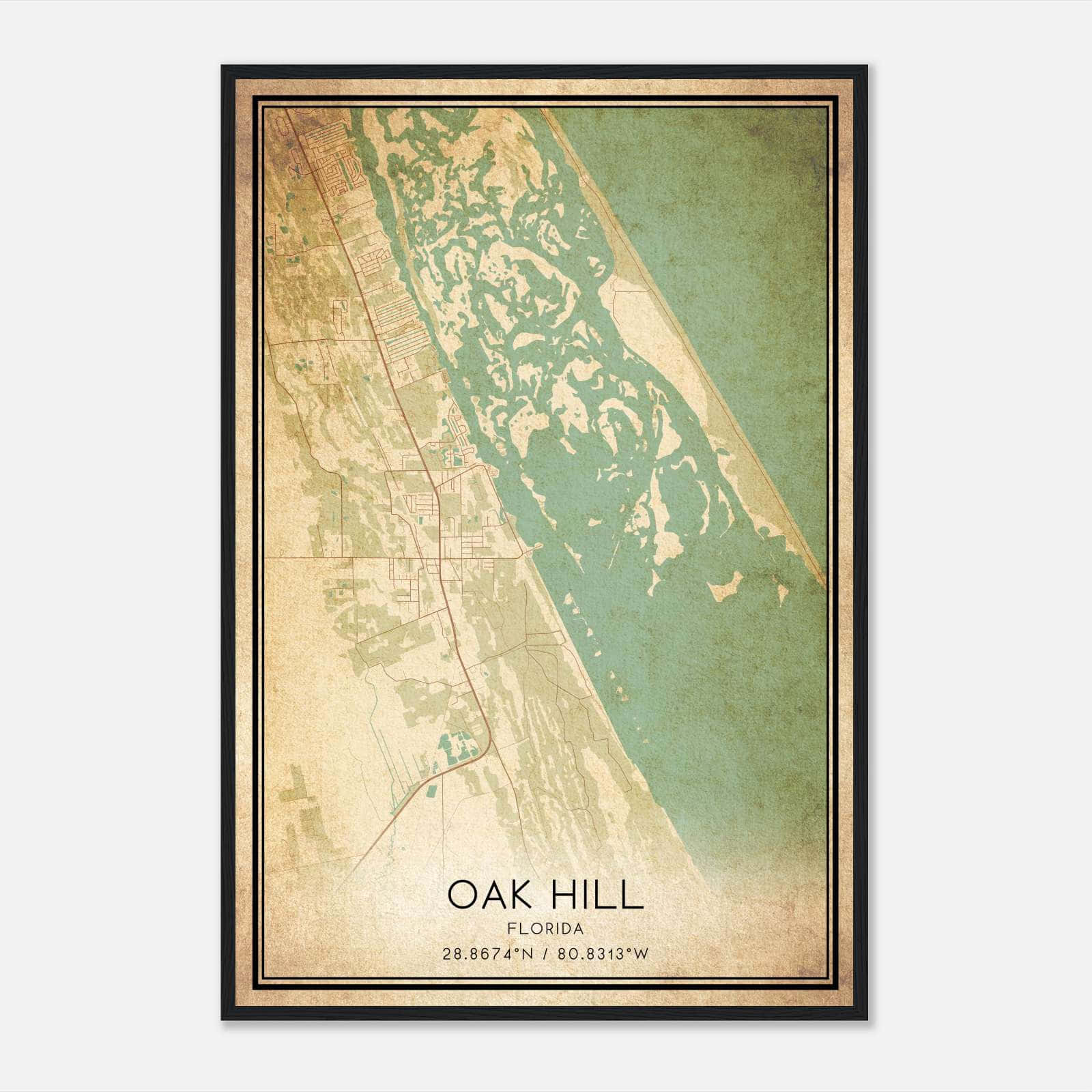Vintage Oak Hill Florida Map Poster, Oak Hill FL City Road Wall Art ...