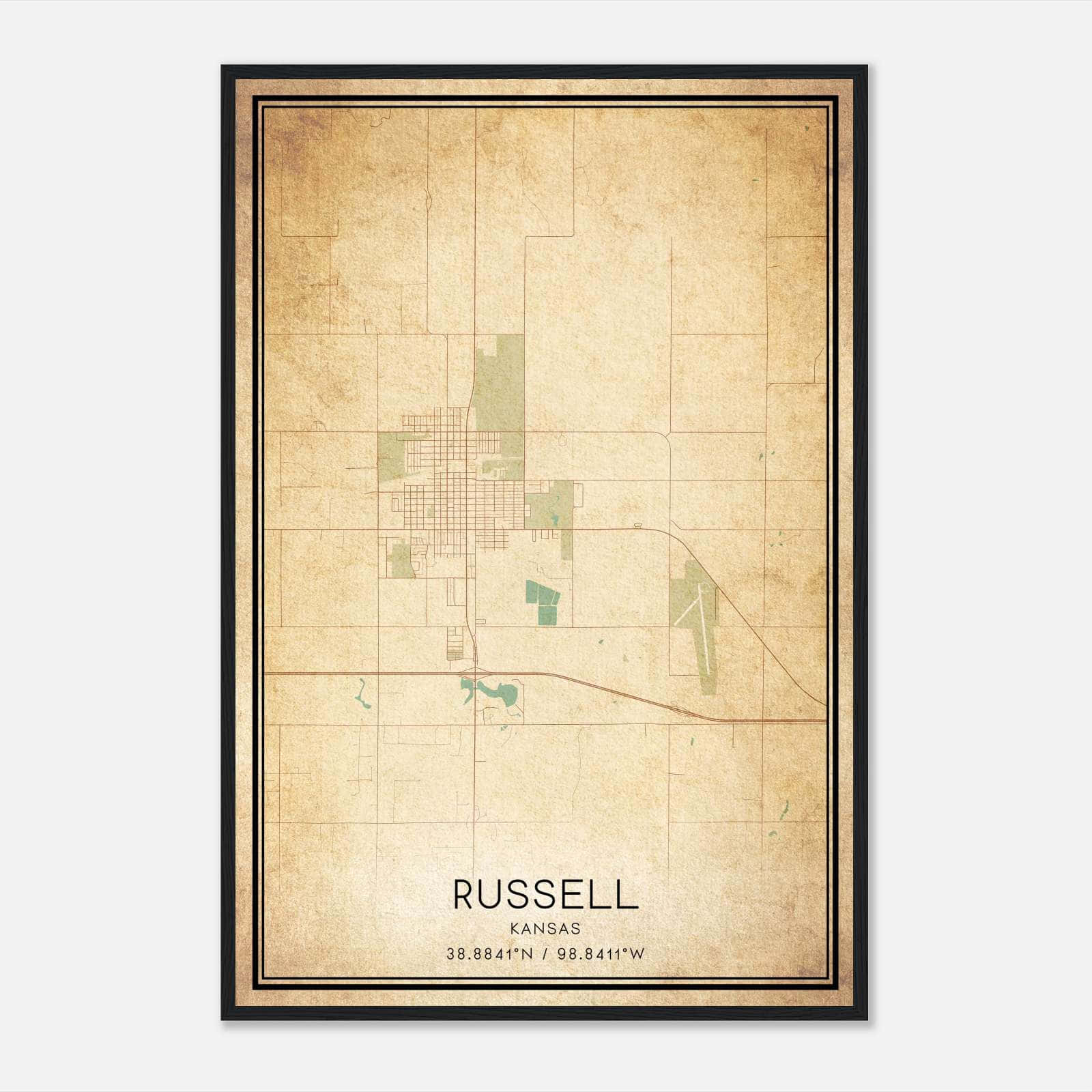 Vintage Russell Kansas Map Poster, Russell KS City Road Wall Art Print ...