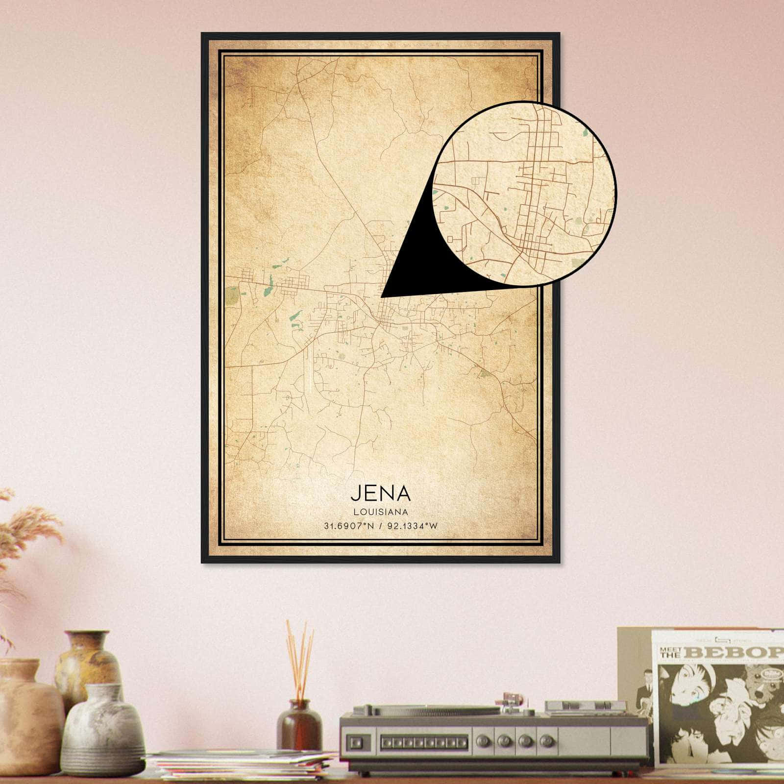 Vintage Jena Louisiana Map Poster, Jena LA City Road Wall Art Print ...