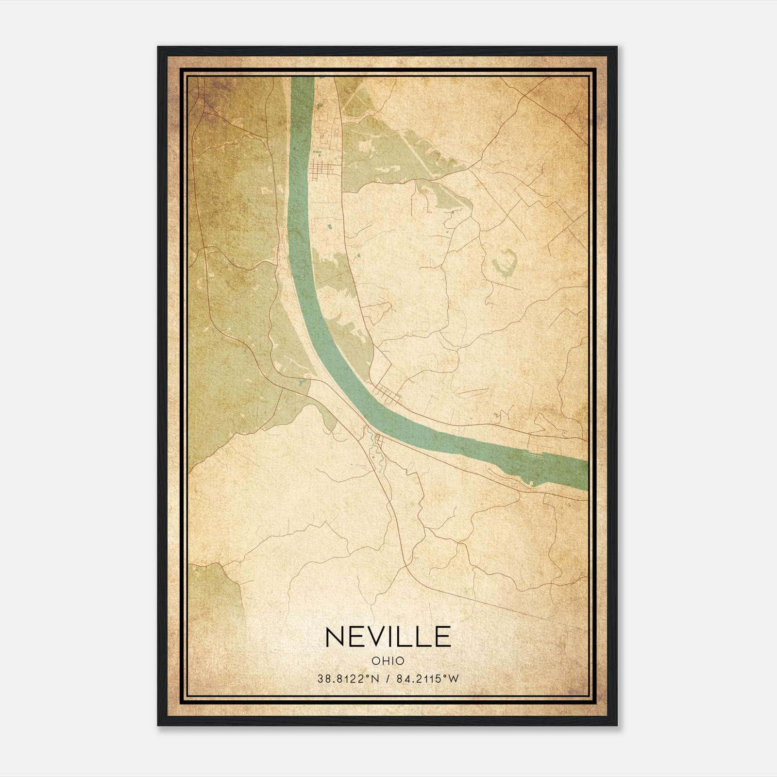 Vintage Neville Ohio Map Poster, Neville OH City Road Wall Art Print ...