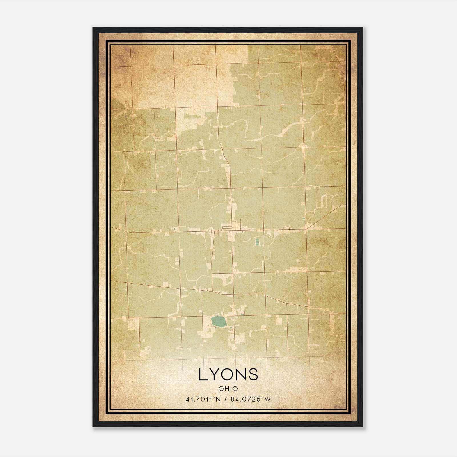 Vintage Lyons Ohio Map Poster, Lyons OH City Road Wall Art Print ...