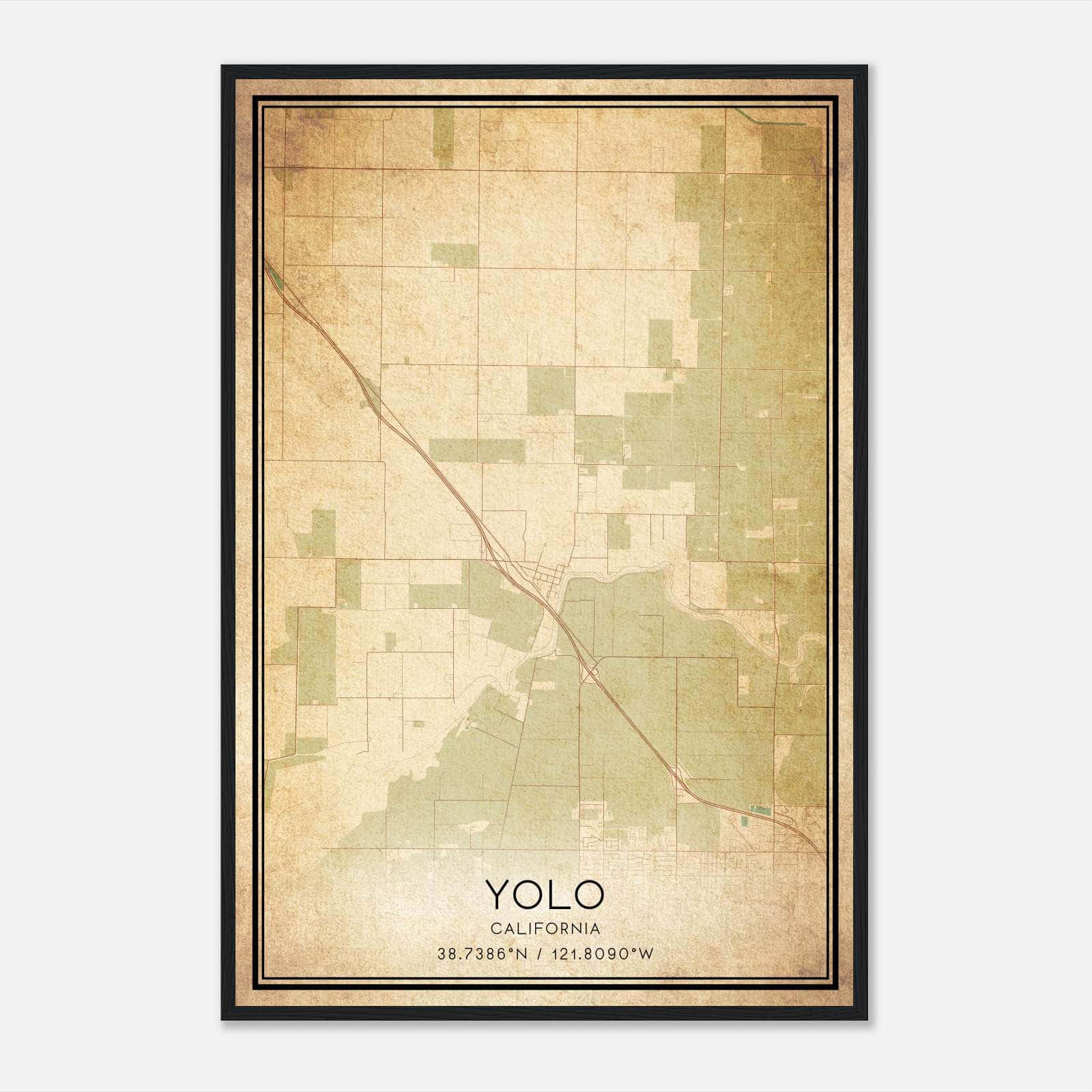 Vintage Yolo California Map Poster, Yolo CA City Road Wall Art Print ...