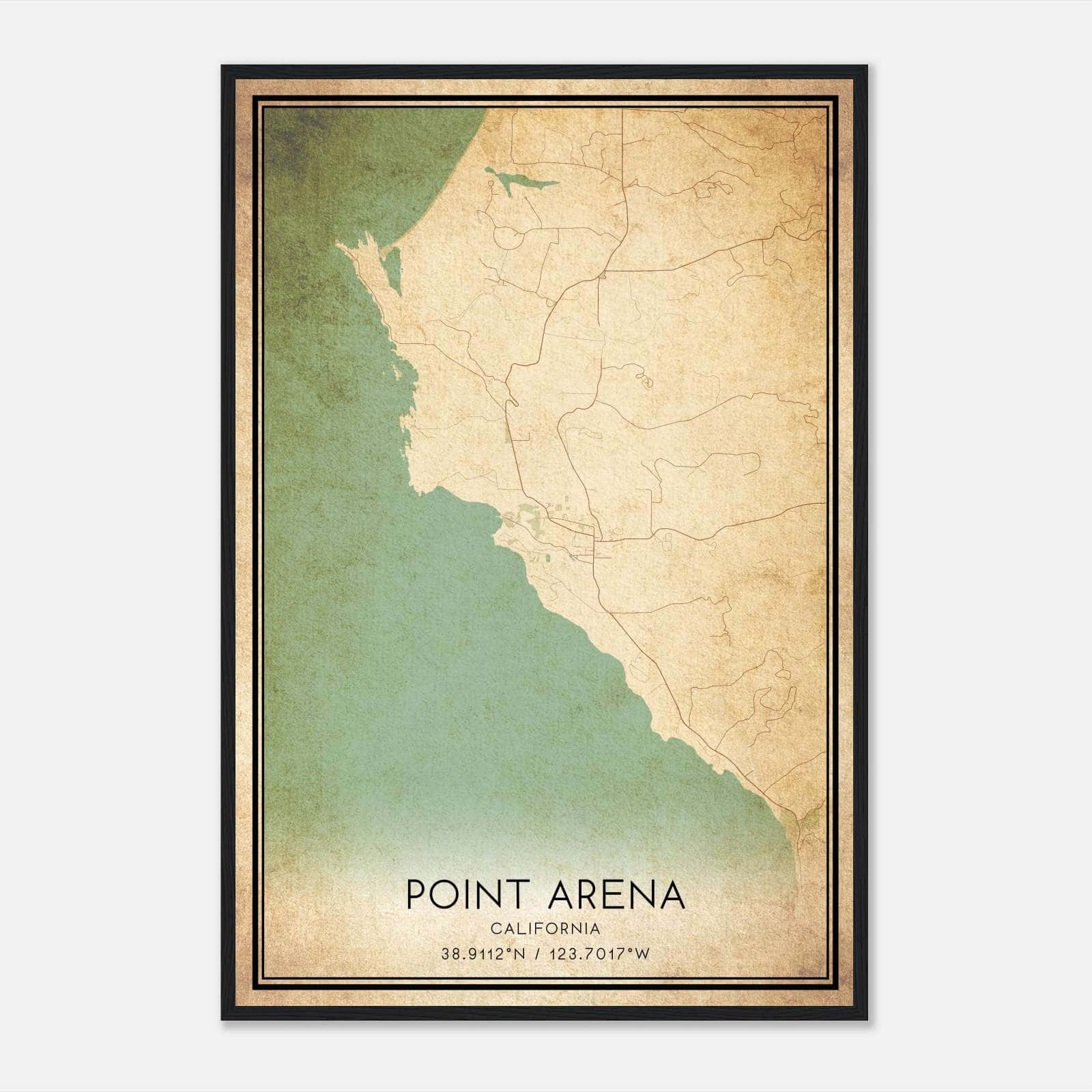 Vintage Point Arena California Map Poster, Point Arena CA City Road ...