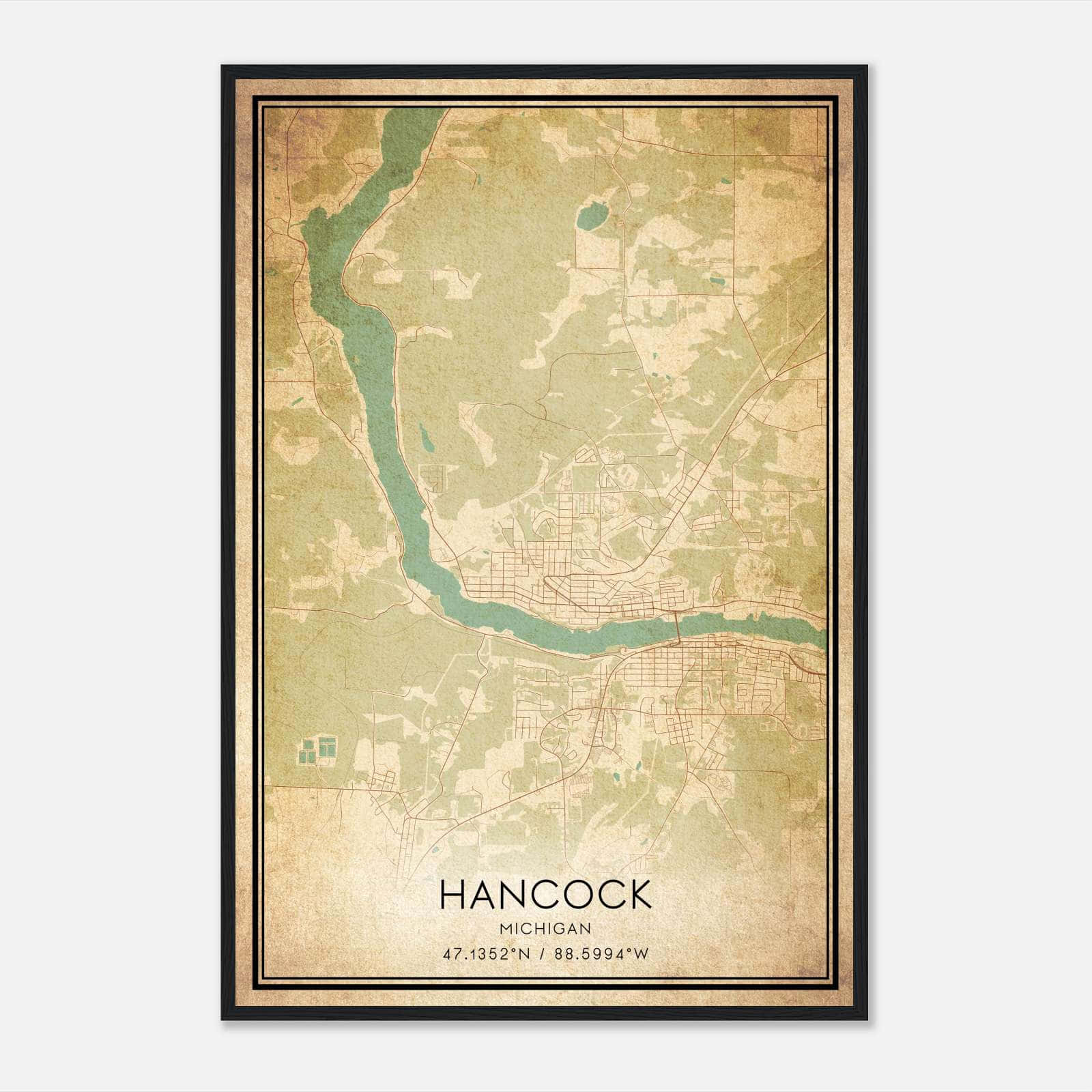 Vintage Hancock Michigan Map Poster, Hancock MI City Road Wall Art ...