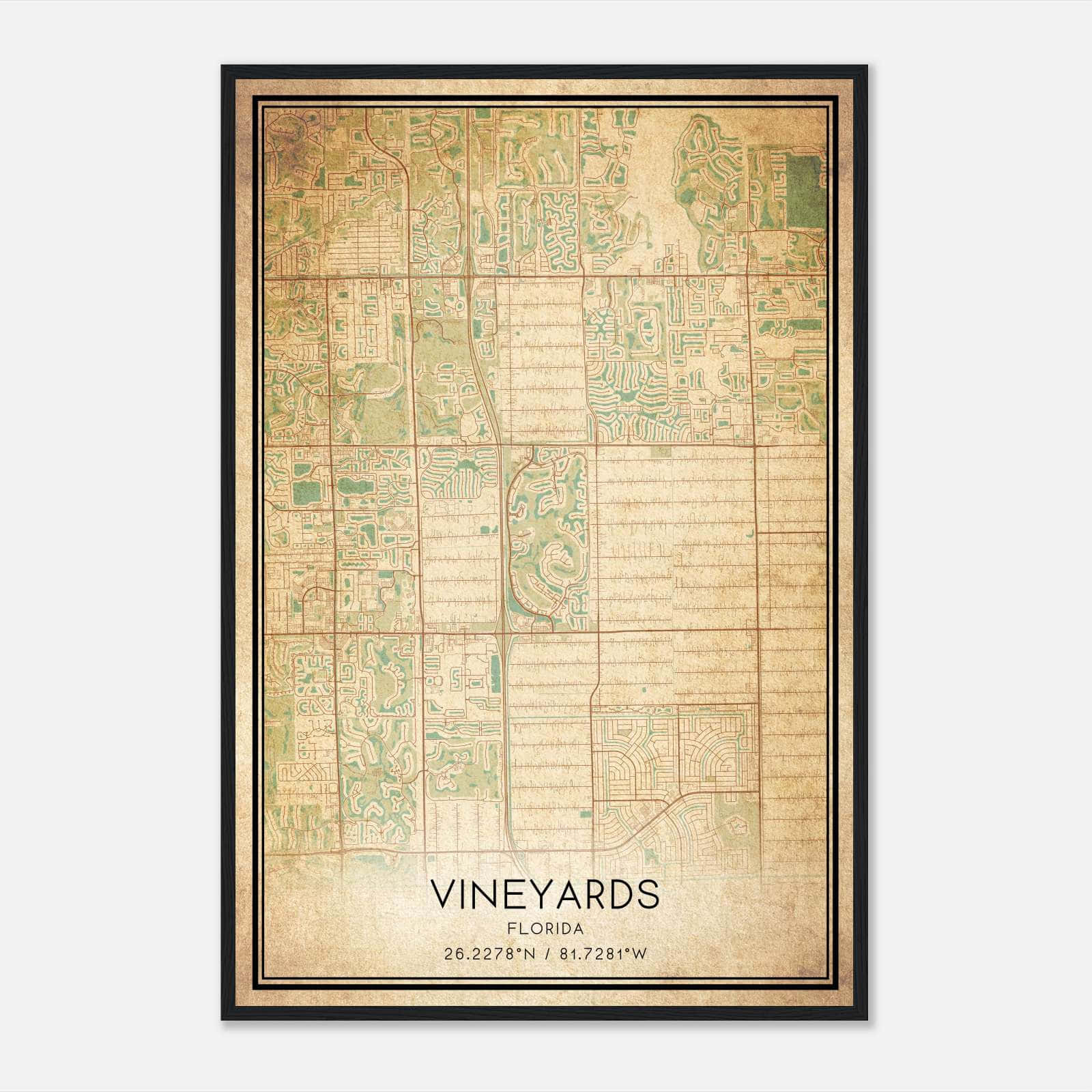 Vintage Vineyards Florida Map Poster, Vineyards FL City Road Wall Art ...