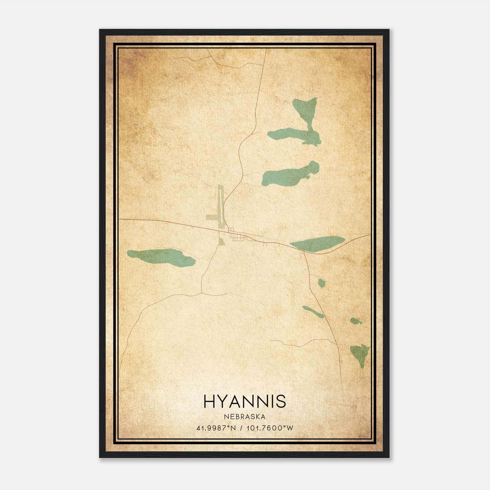 Vintage Hyannis Nebraska Map Poster, Hyannis NE City Road Wall Art Print - Custom Maps & Posters