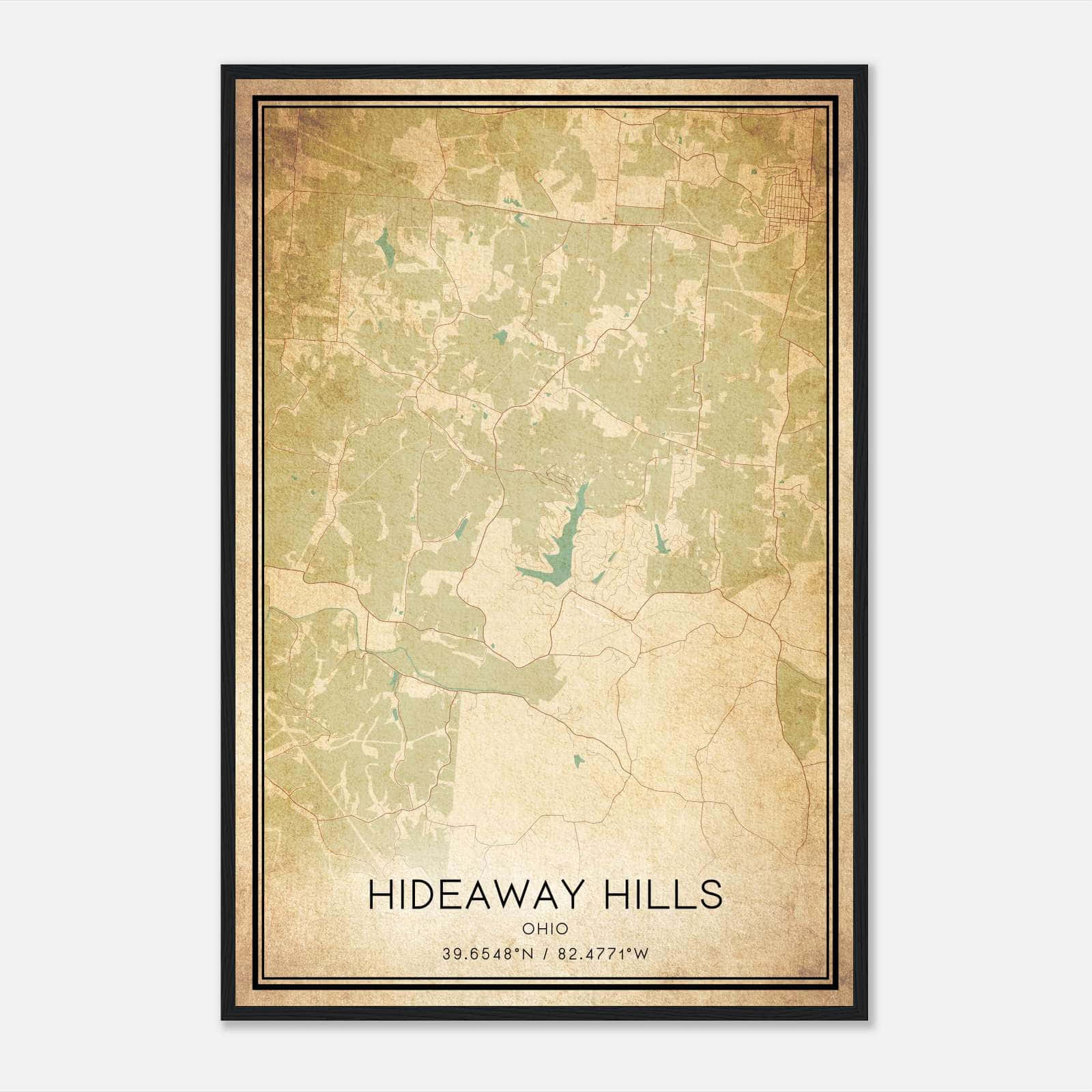 Vintage Hideaway Hills Ohio Map Poster, Hideaway Hills OH City Road ...
