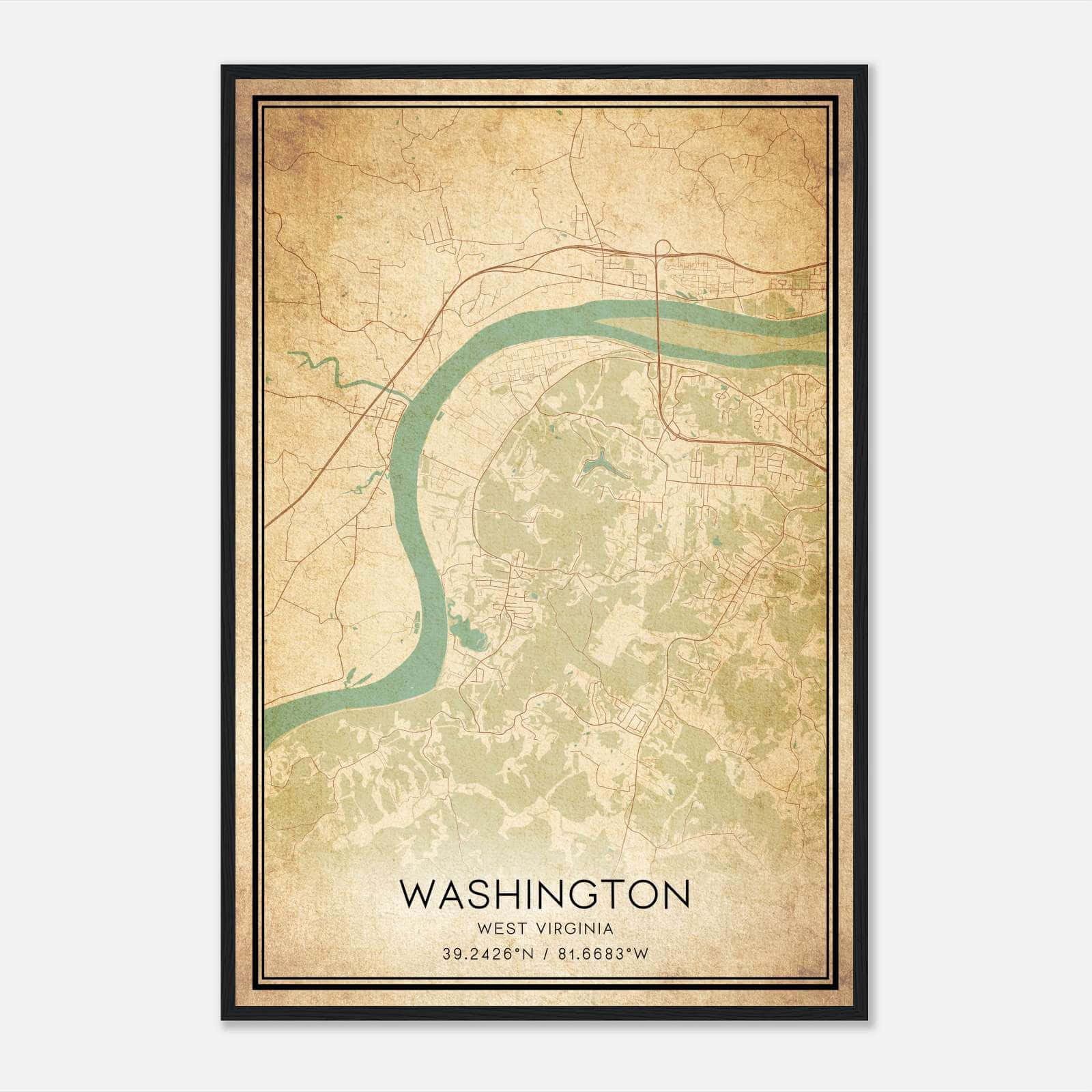Vintage Washington West Virginia Map Poster, Washington WV City Road ...