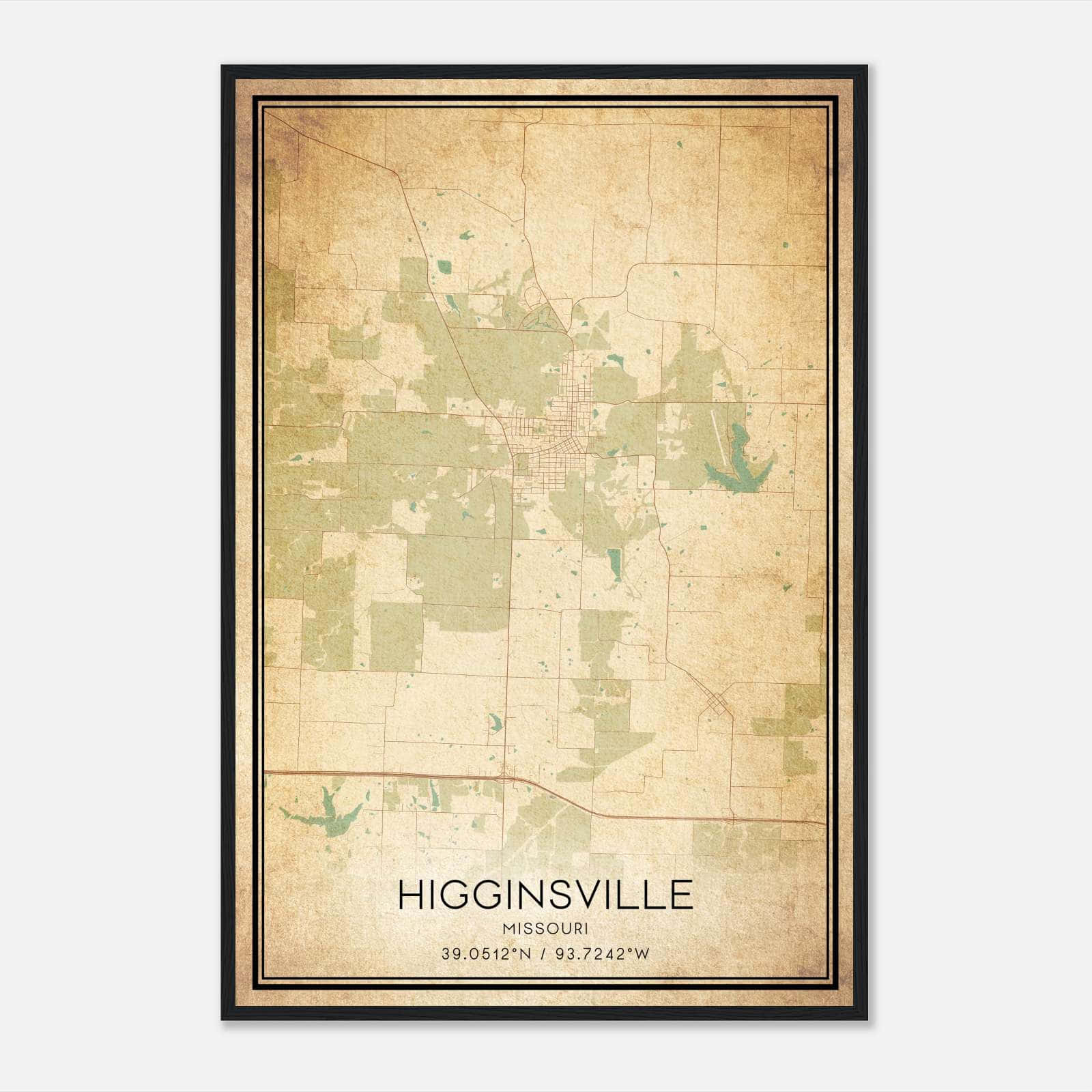 Vintage Higginsville Missouri Map Poster, Higginsville MO City Road ...