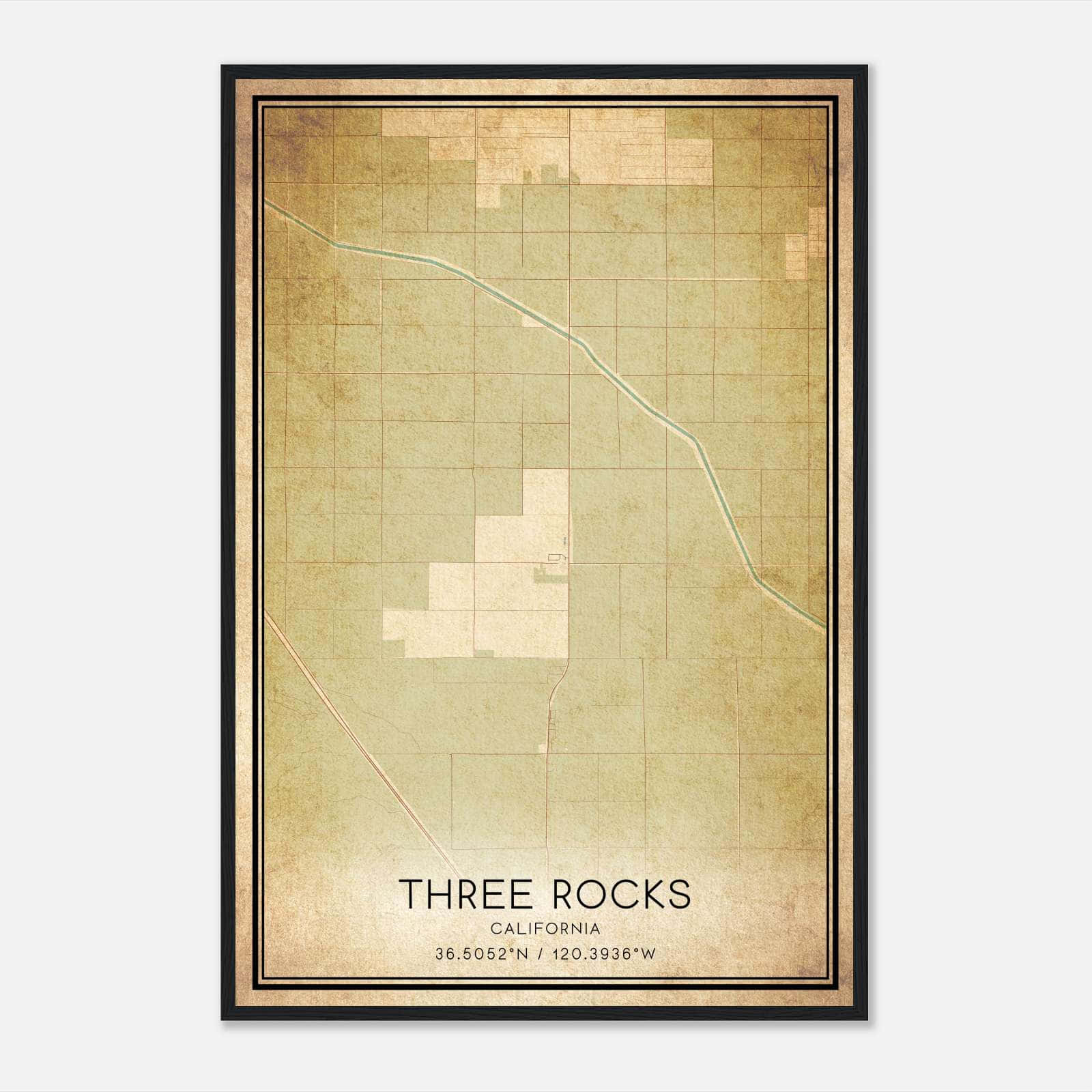Vintage Three Rocks California Map Poster, Three Rocks CA City Road ...