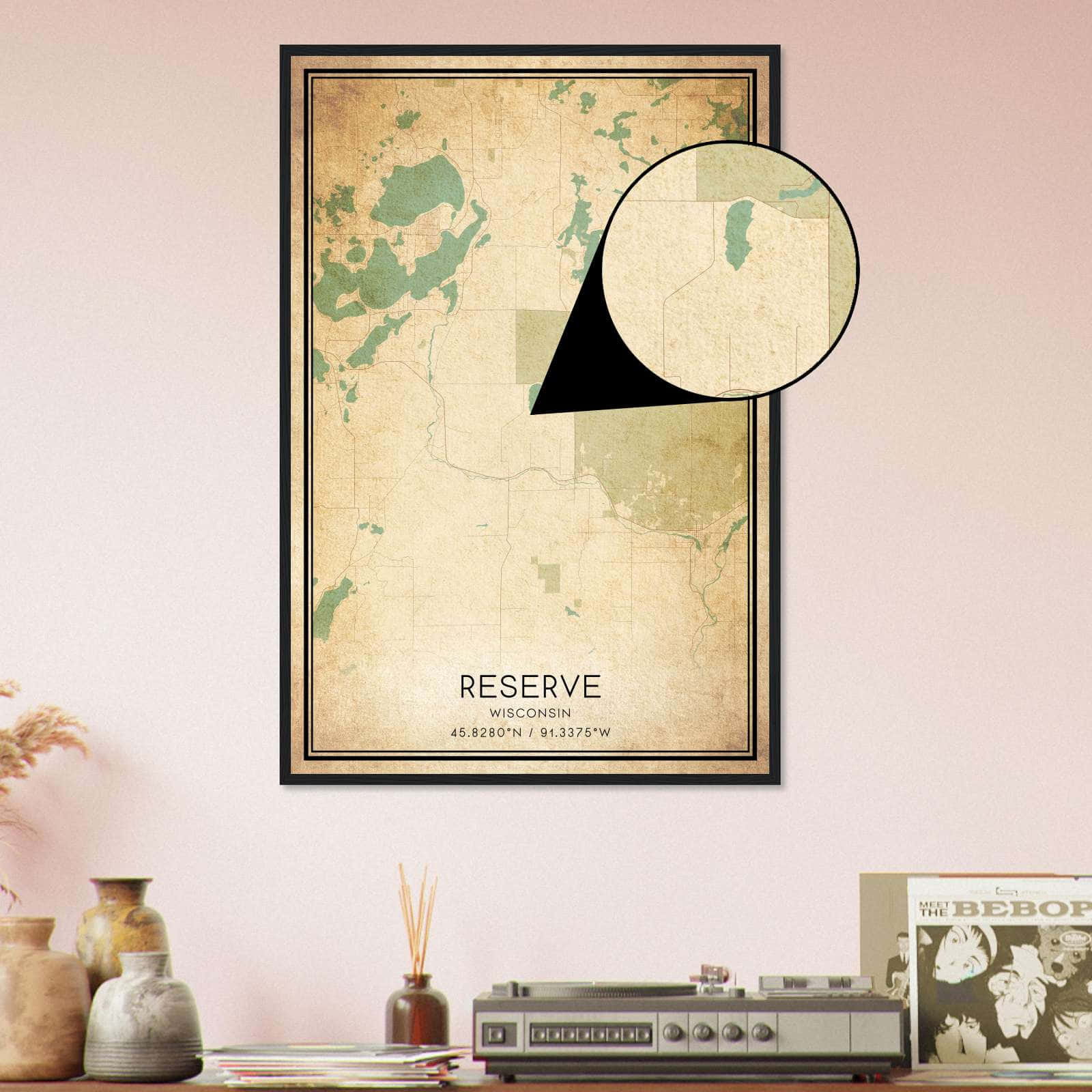 Vintage Reserve Wisconsin Map Poster, Reserve WI City Road Wall Art ...