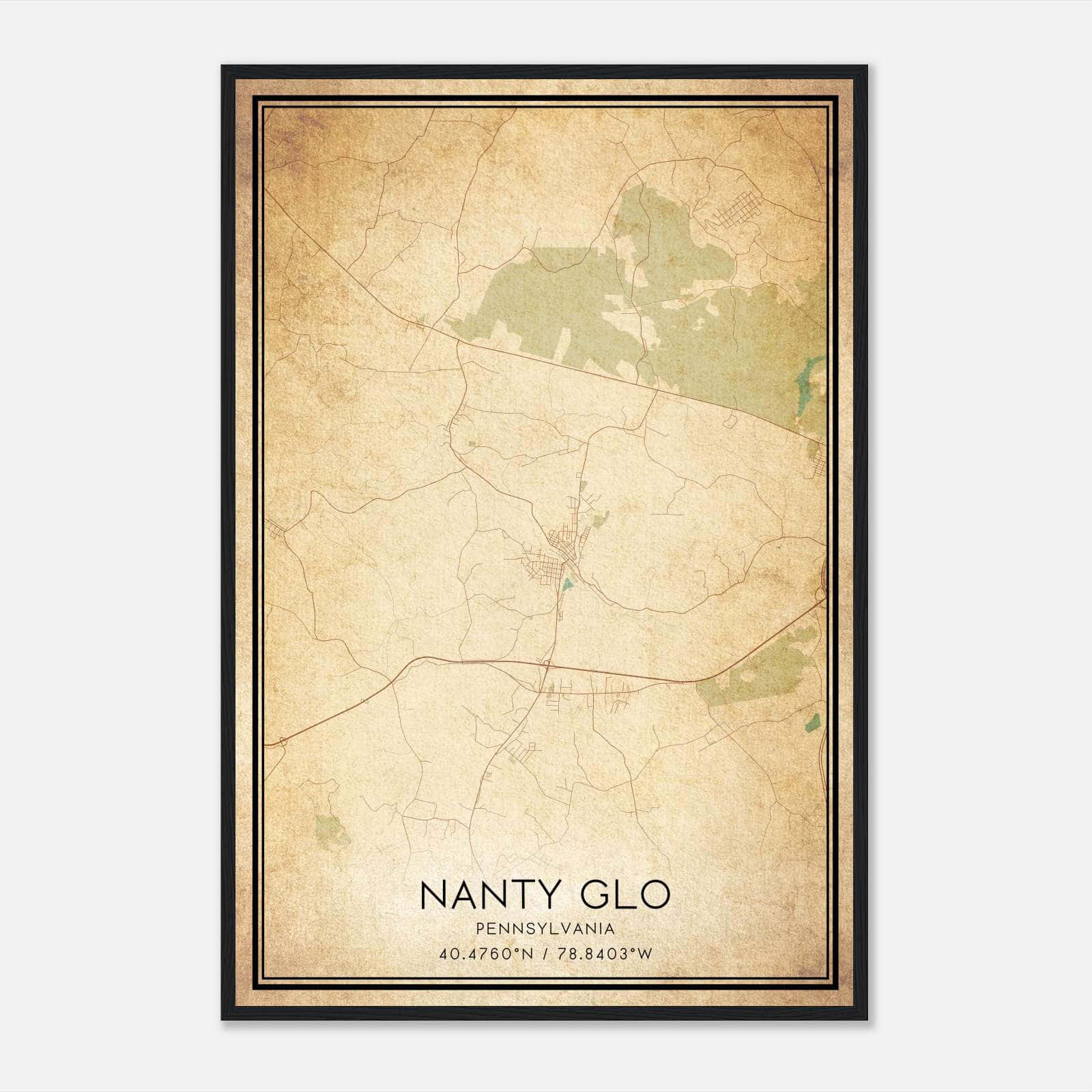 Vintage Nanty Glo Pennsylvania Map Poster, Nanty Glo PA City Road Wall ...