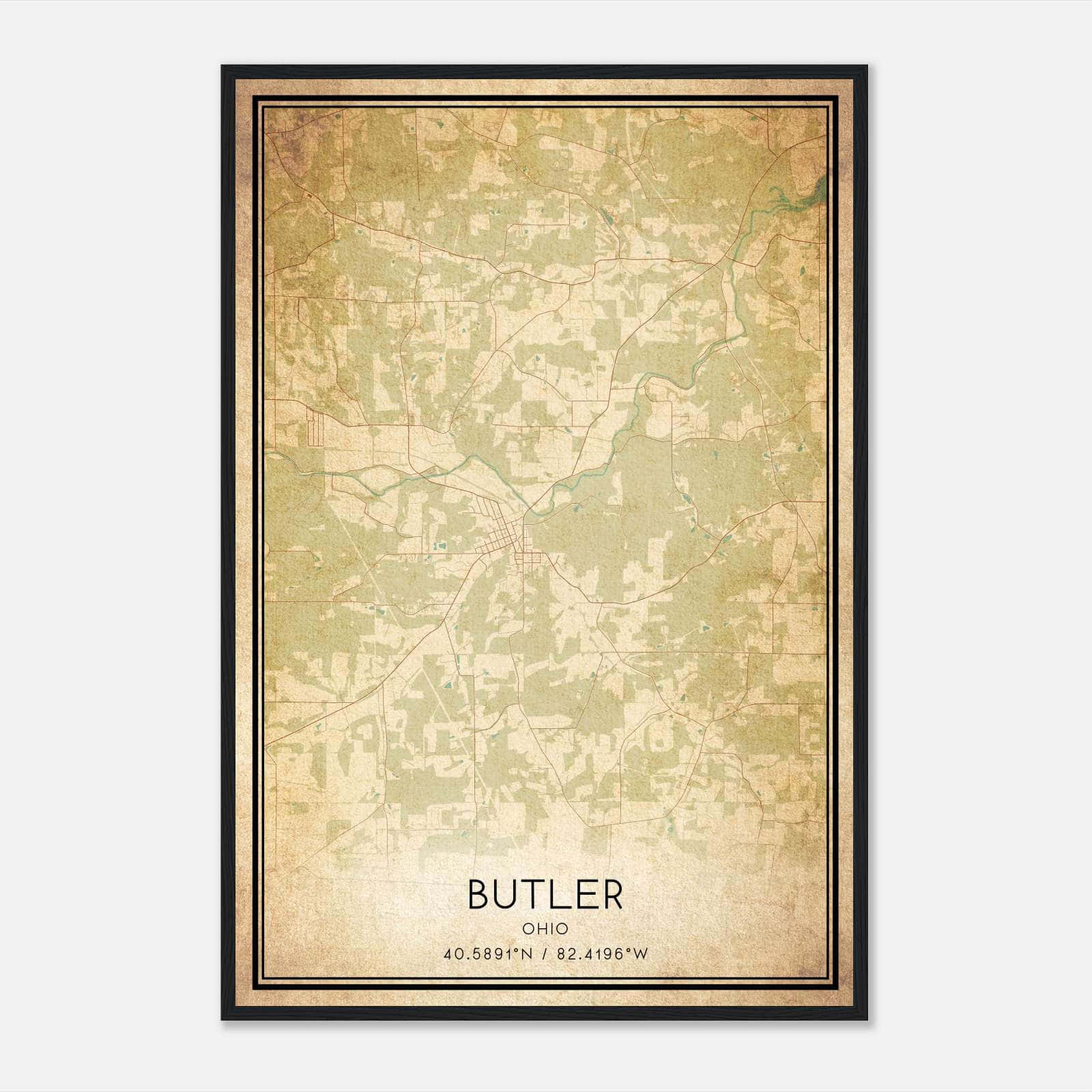 Vintage Butler Ohio Map Poster, Butler OH City Road Wall Art Print ...