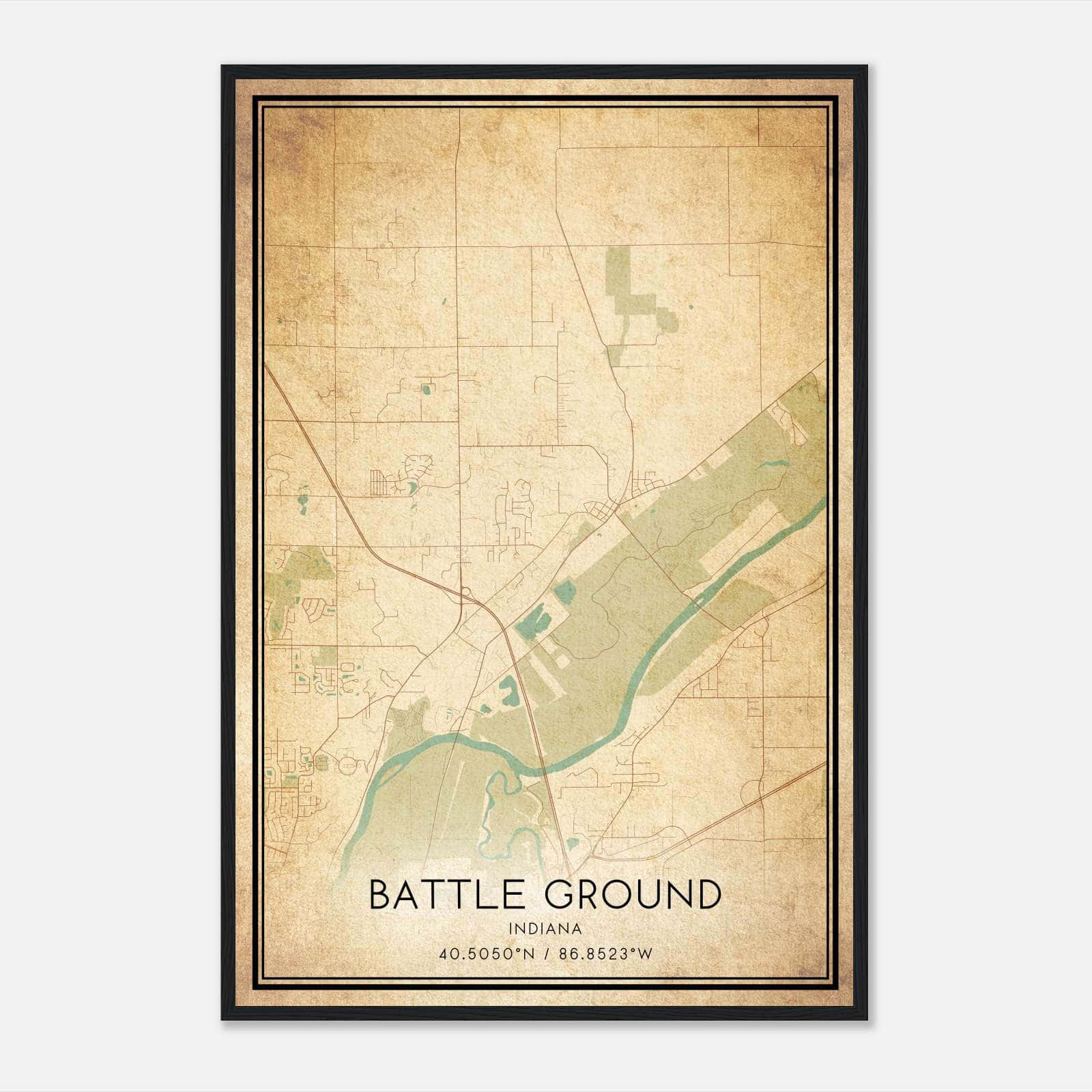 Vintage Battle Ground Indiana Map Poster, Battle Ground IN City Road ...