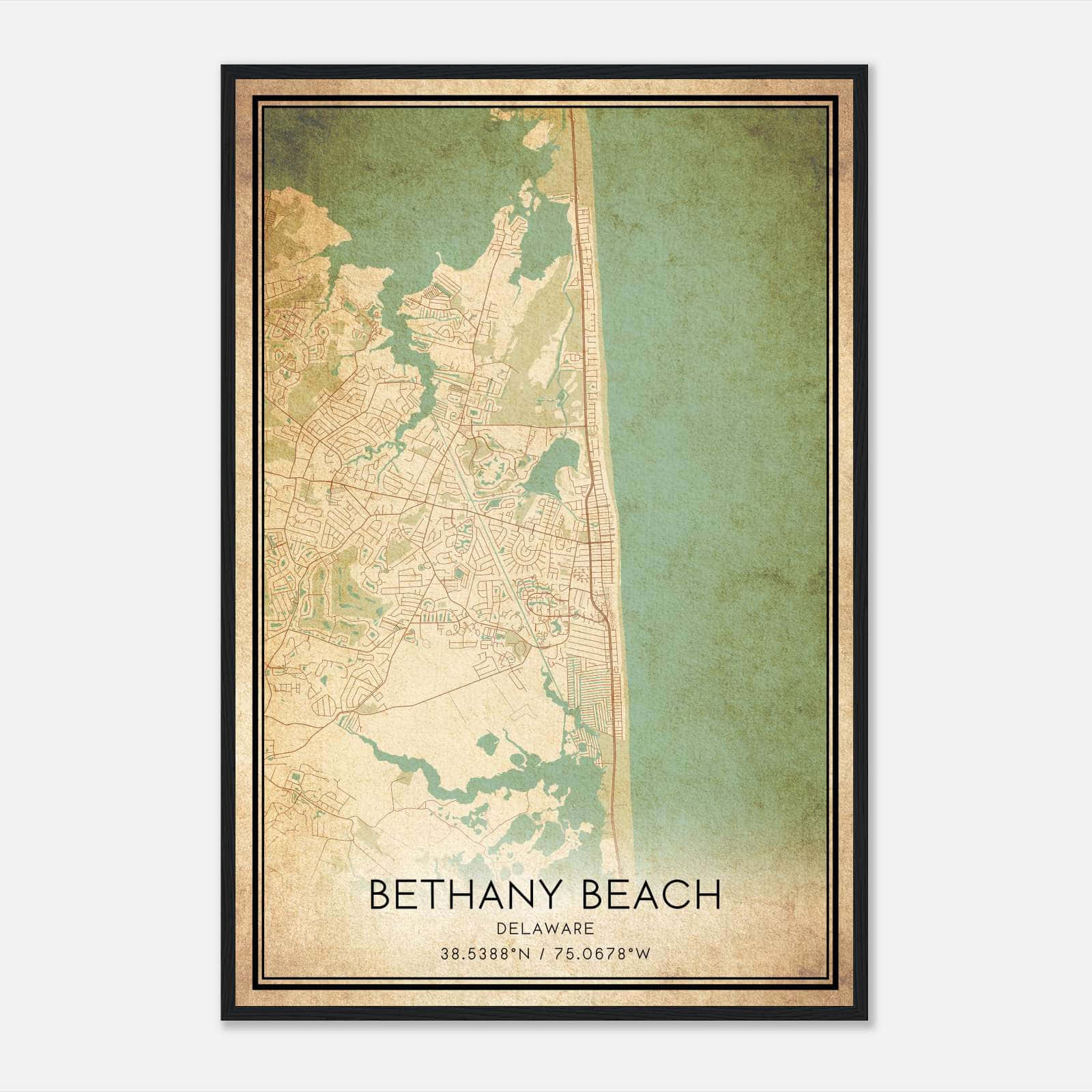 Vintage Bethany Beach Delaware Map Poster, Bethany Beach DE City Road ...