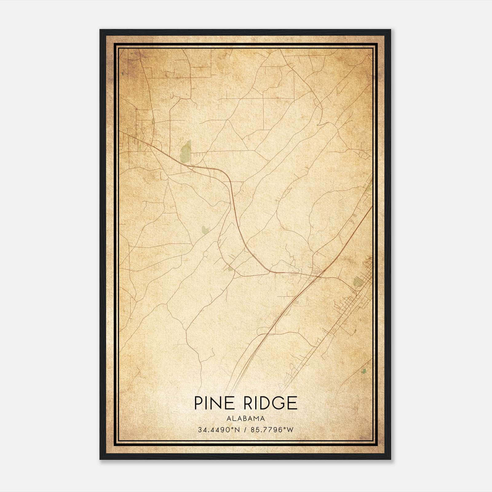 Vintage Pine Ridge Alabama Map Poster, Pine Ridge AL City Road Wall Art ...
