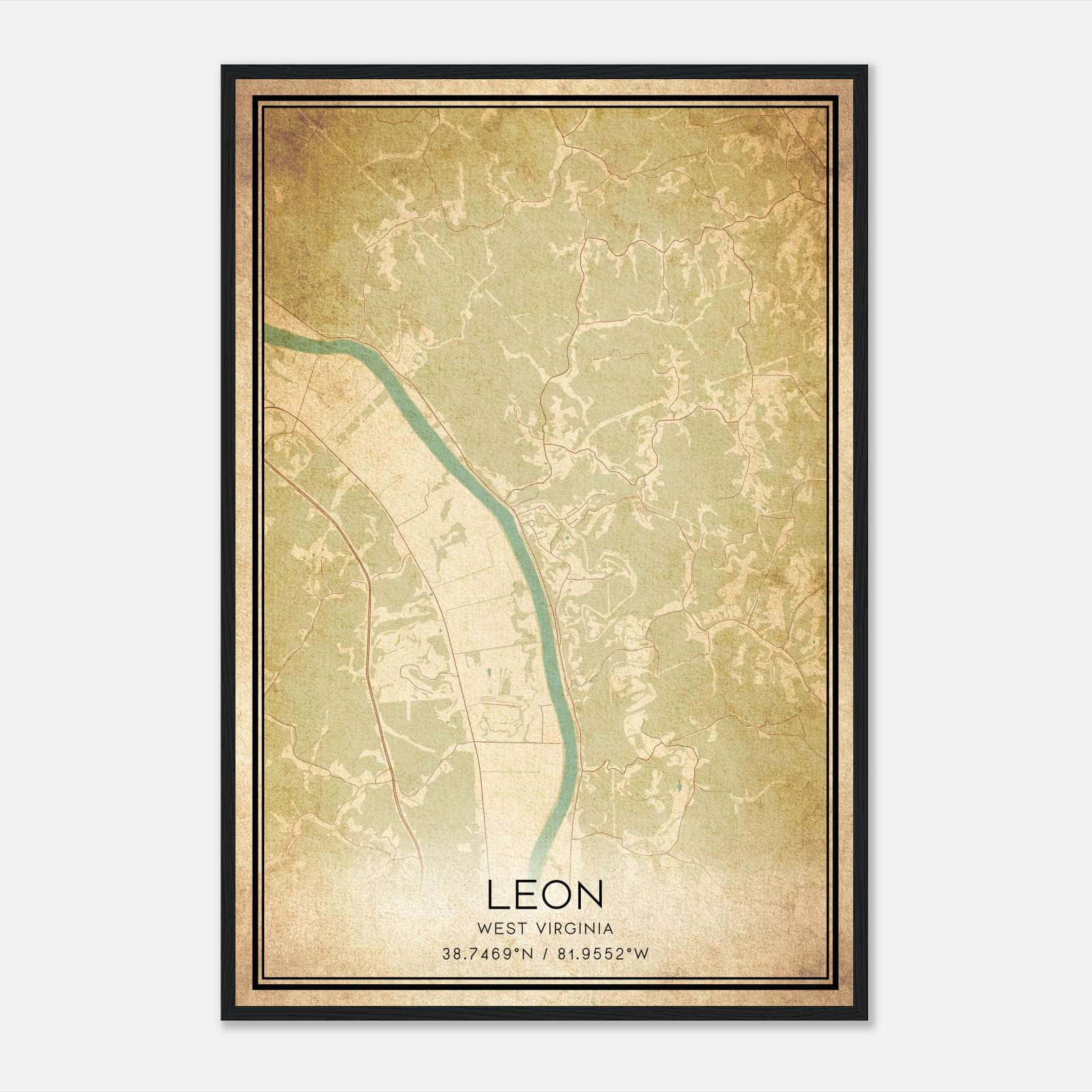 Vintage Leon West Virginia Map Poster, Leon WV City Road Wall Art Print ...