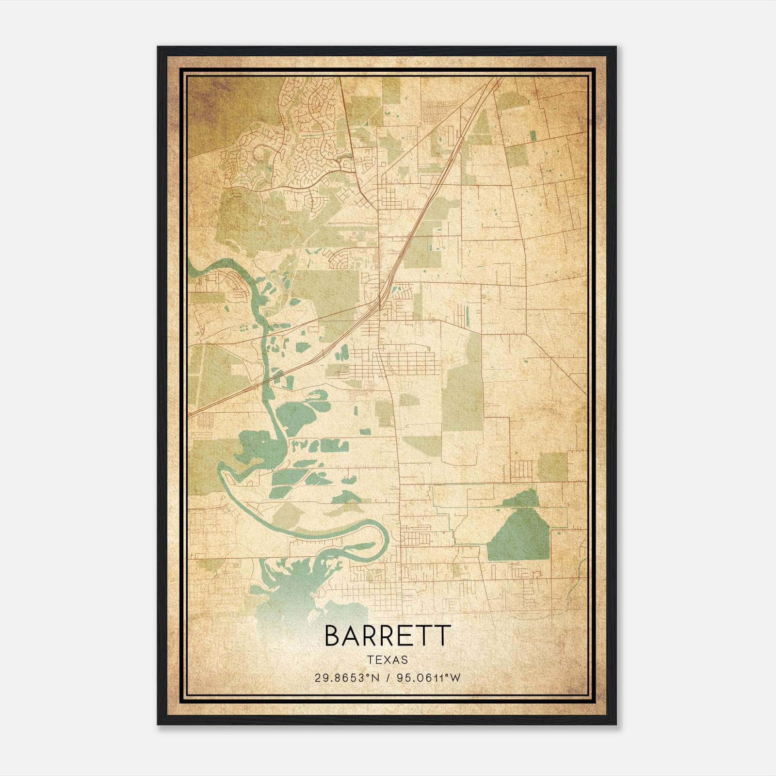 Vintage Barrett Texas Map Poster, Barrett TX City Road Wall Art Print ...