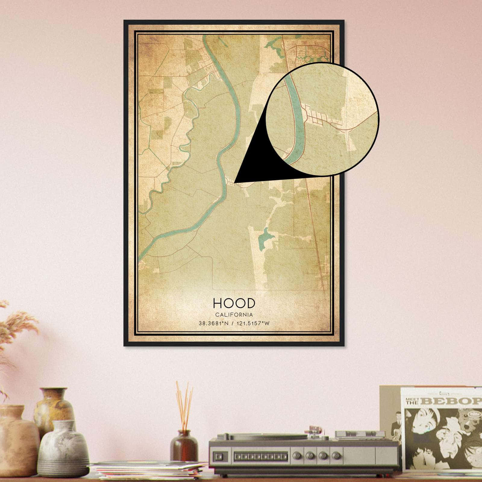 Vintage Hood California Map Poster, Hood CA City Road Wall Art Print ...