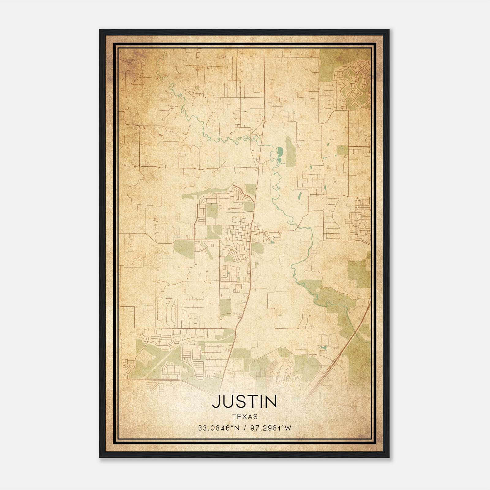Vintage Justin Texas Map Poster, Justin TX City Road Wall Art Print ...