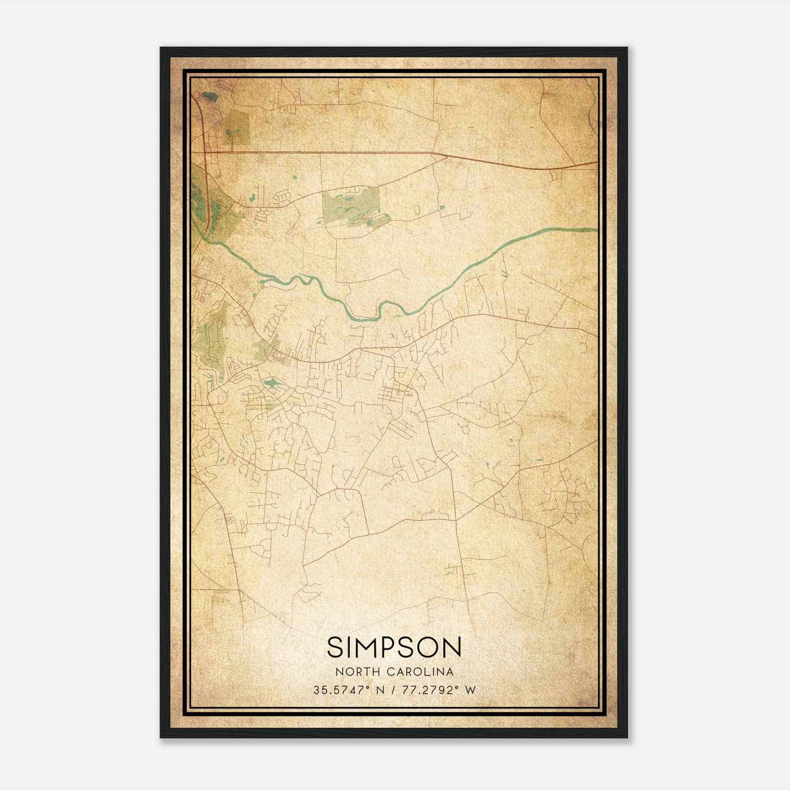 Vintage Simpson North Carolina Map Poster, Simpson NC City Road Wall ...