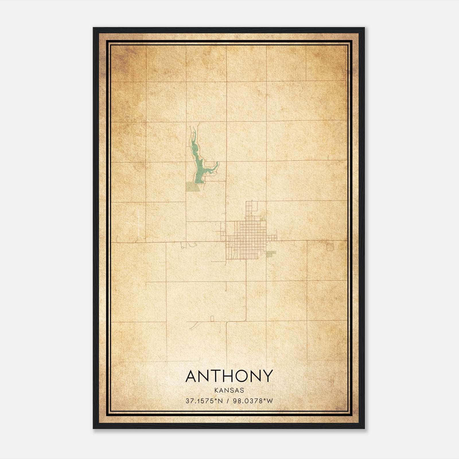Vintage Anthony Kansas Map Poster, Anthony KS City Road Wall Art Print ...