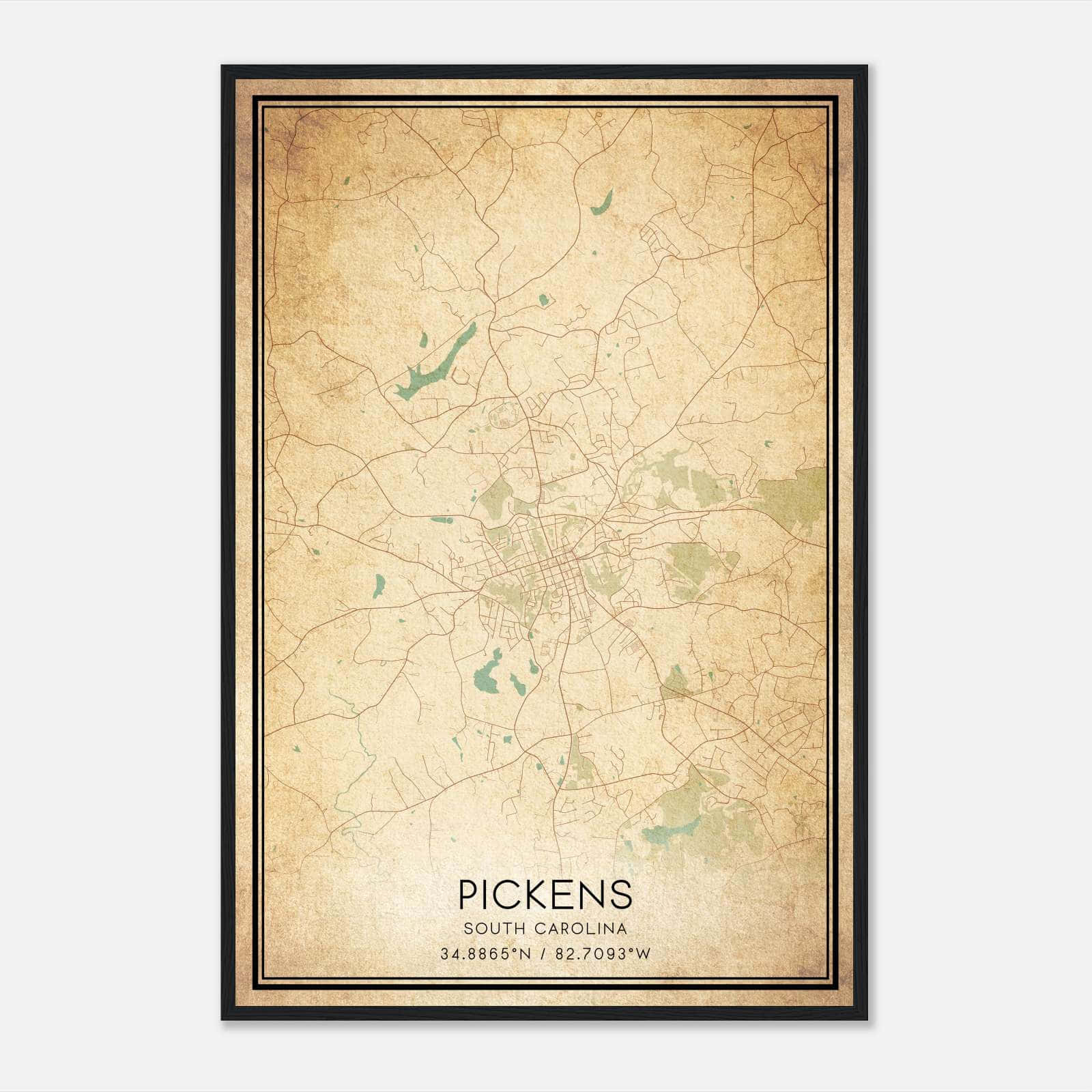 Vintage Pickens South Carolina Map Poster, Pickens SC City Road Wall ...
