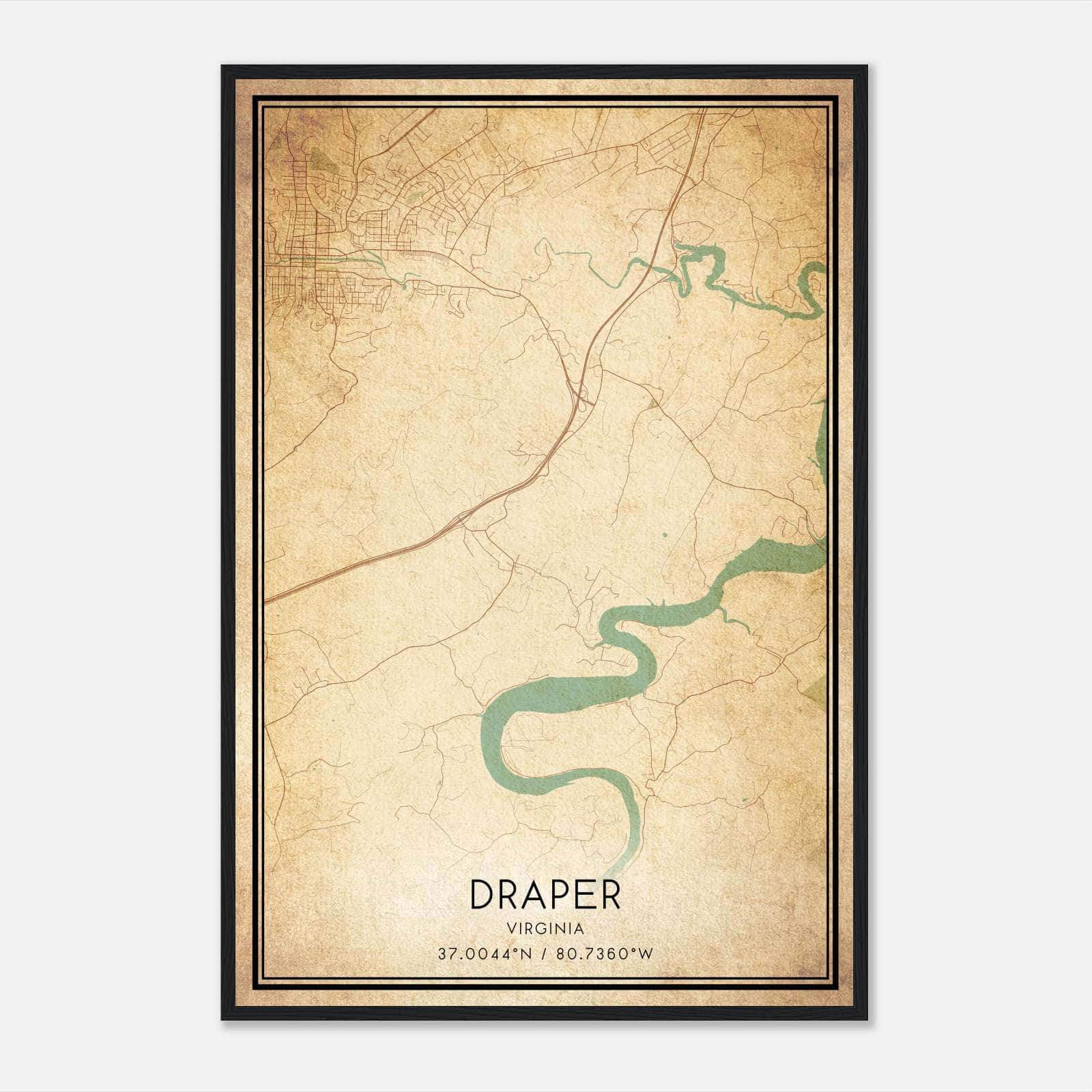 Vintage Draper Virginia Map Poster, Draper VA City Road Wall Art Print ...