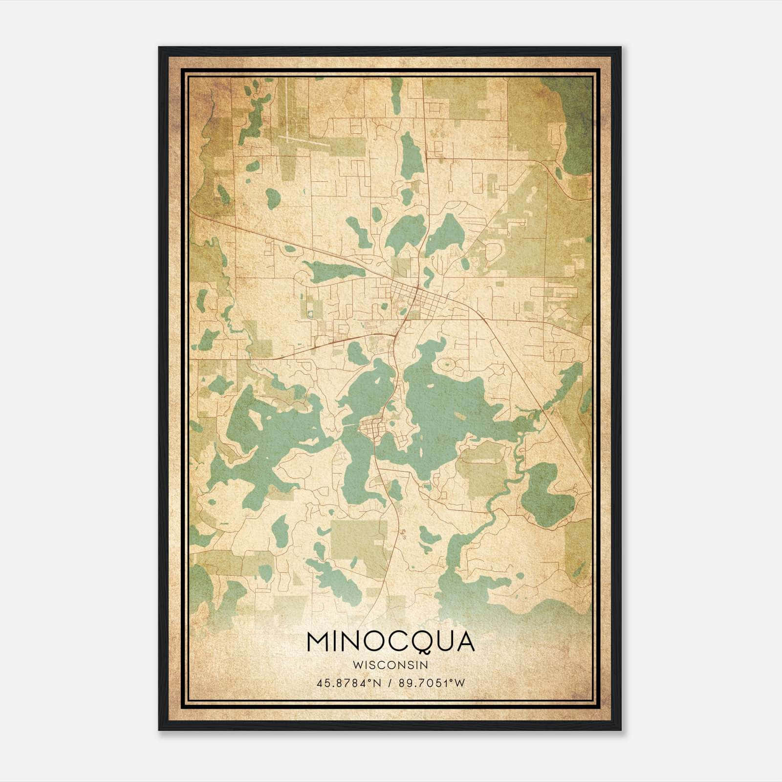 Vintage Minocqua Wisconsin Map Poster, Minocqua WI City Road Wall Art ...