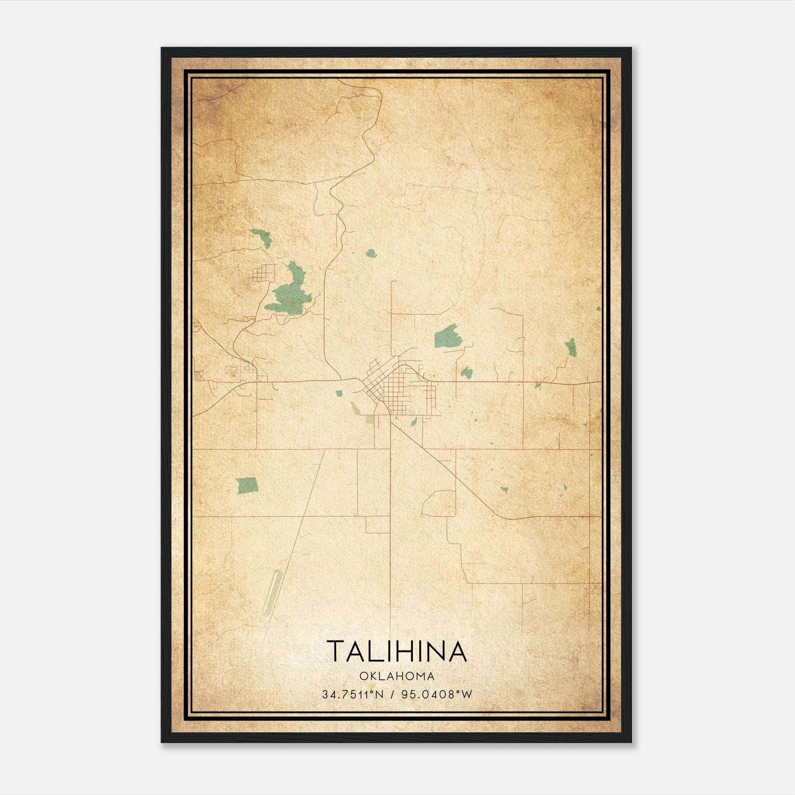 Vintage Talihina Oklahoma Map Poster, Talihina OK City Road Wall Art ...