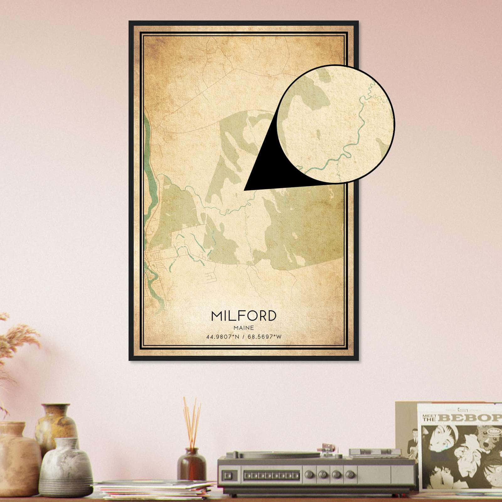 Vintage Milford Maine Map Poster, Milford ME City Road Wall Art Print ...