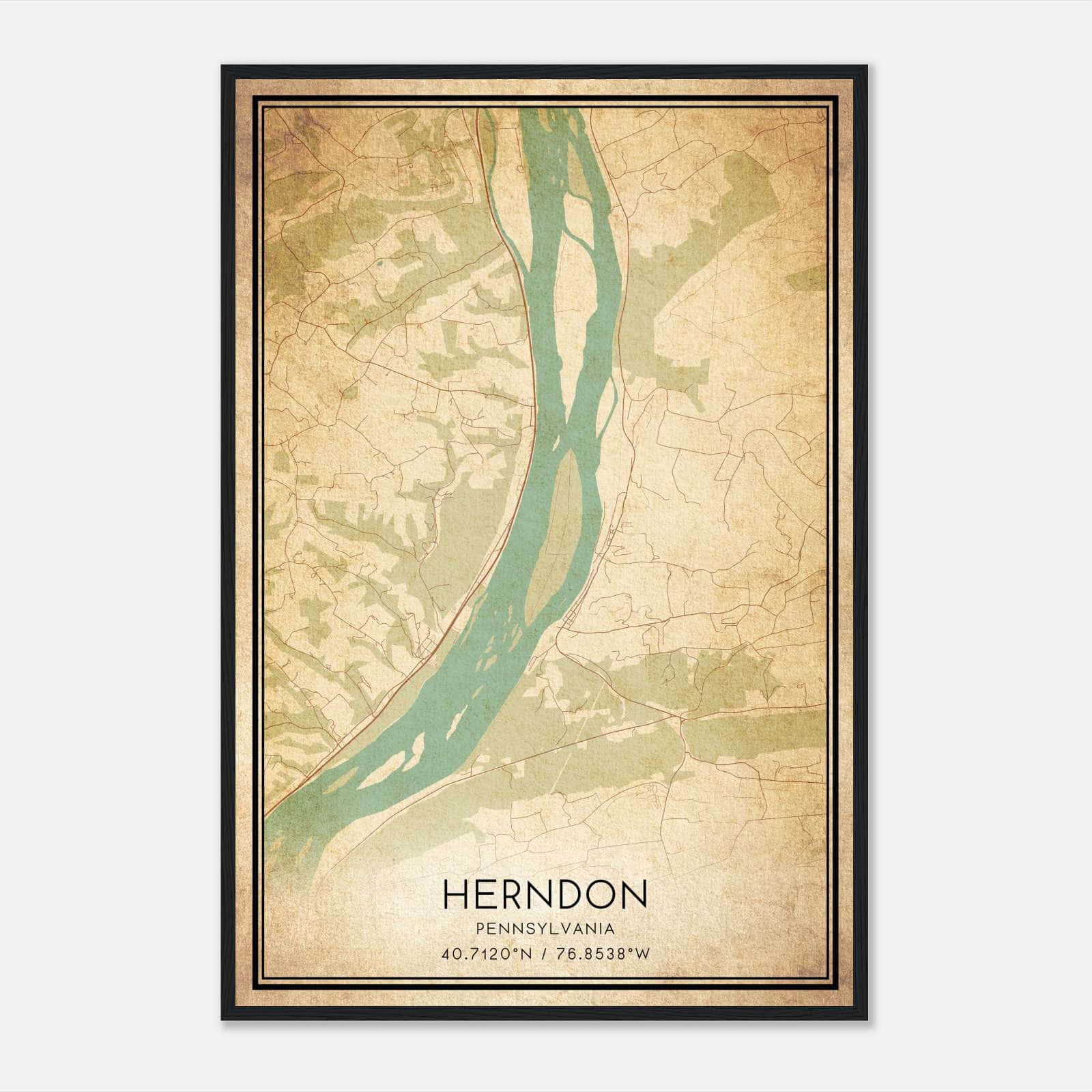 Vintage Herndon Pennsylvania Map Poster, Herndon PA City Road Wall Art ...