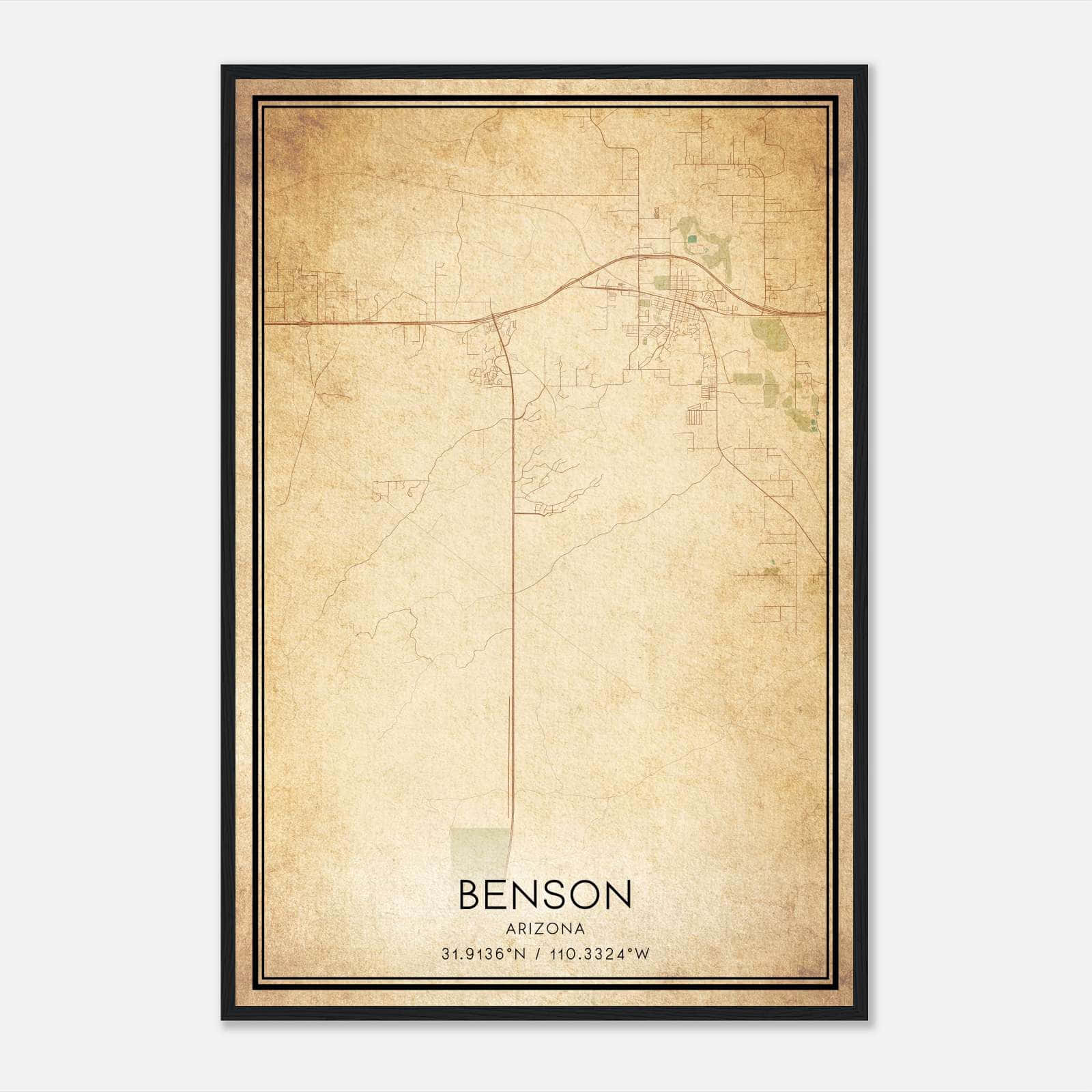 Vintage Benson Arizona Map Poster, Benson AZ City Road Wall Art Print ...