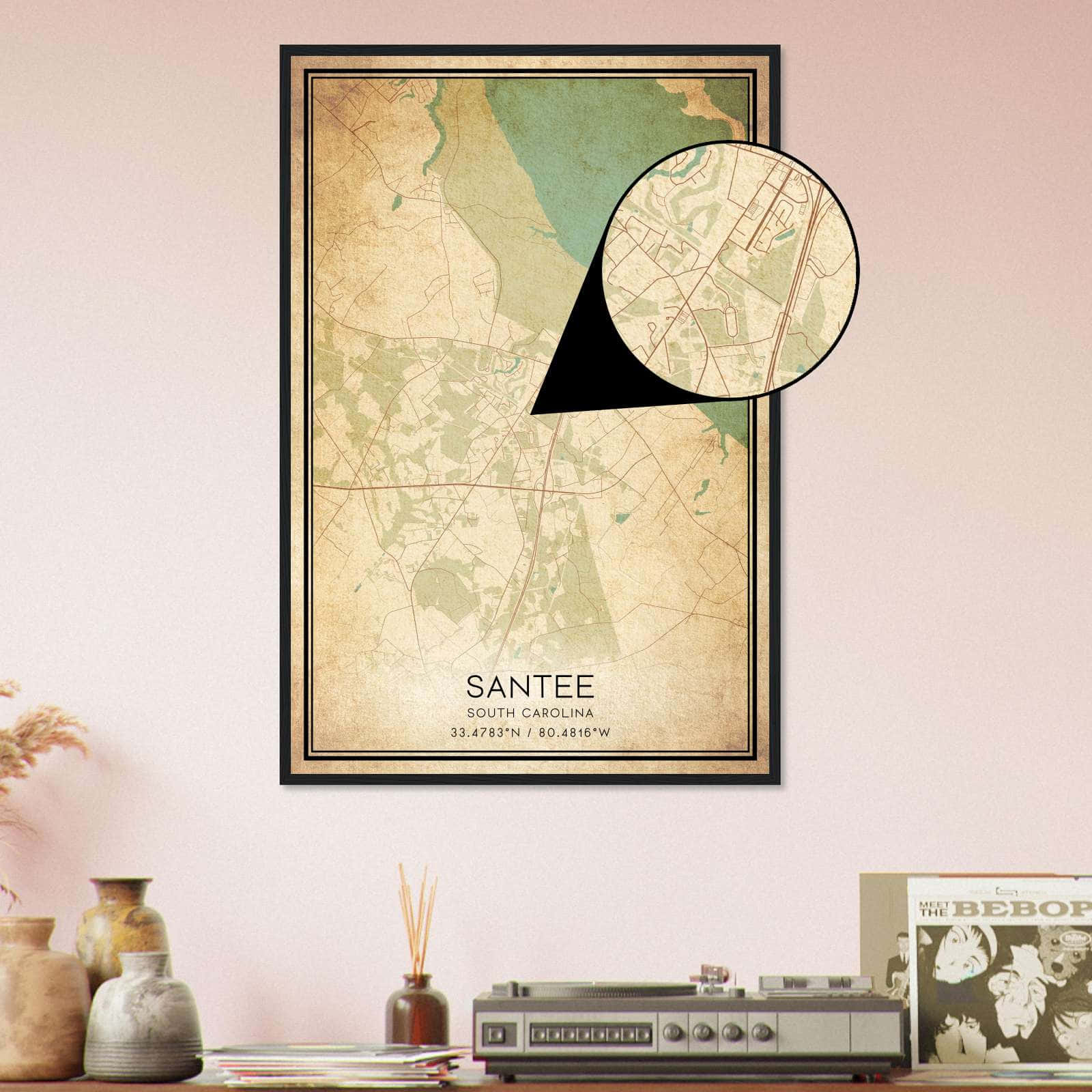 Vintage Santee South Carolina Map Poster, Santee SC City Road Wall Art ...