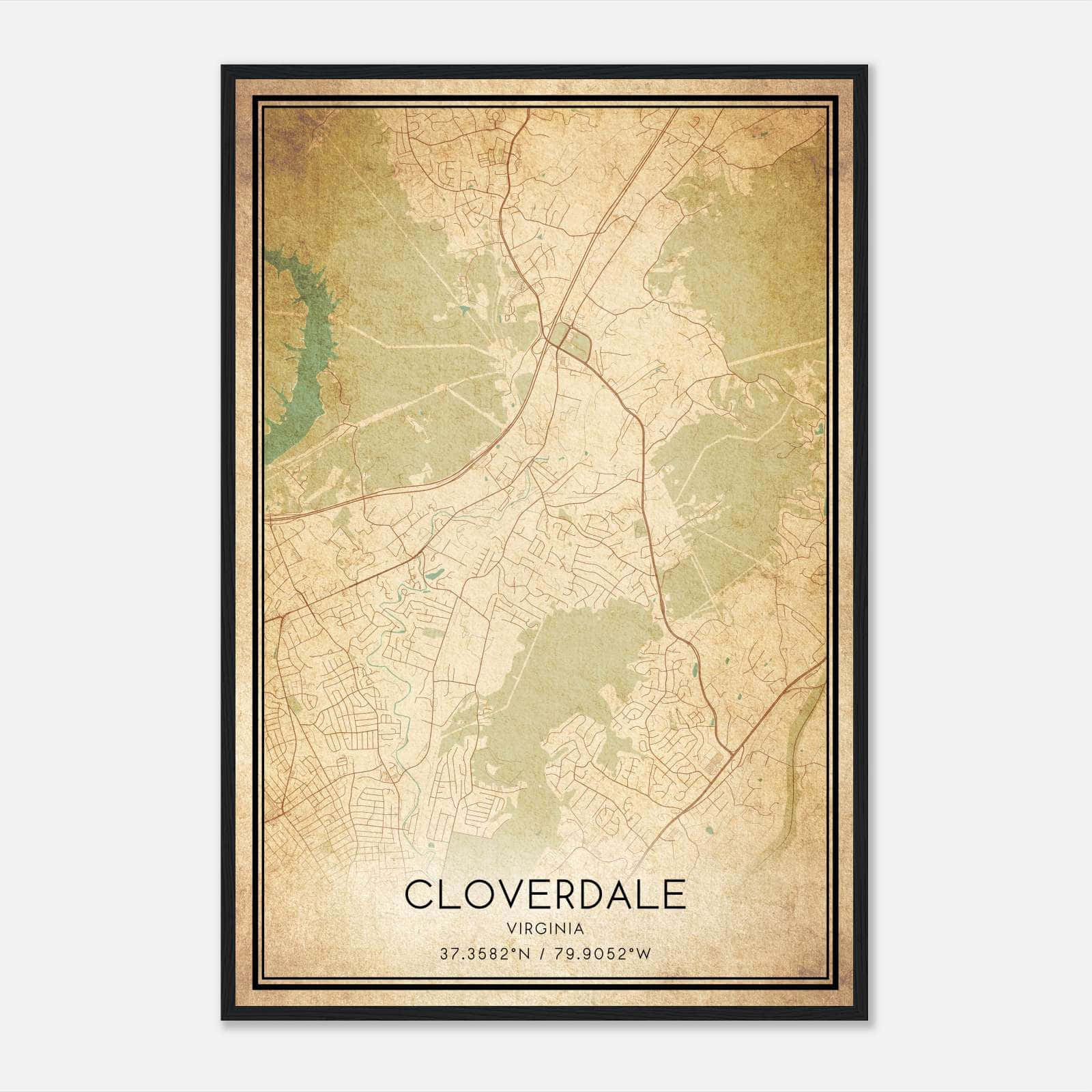 Vintage Cloverdale Virginia Map Poster, Cloverdale VA City Road Wall ...