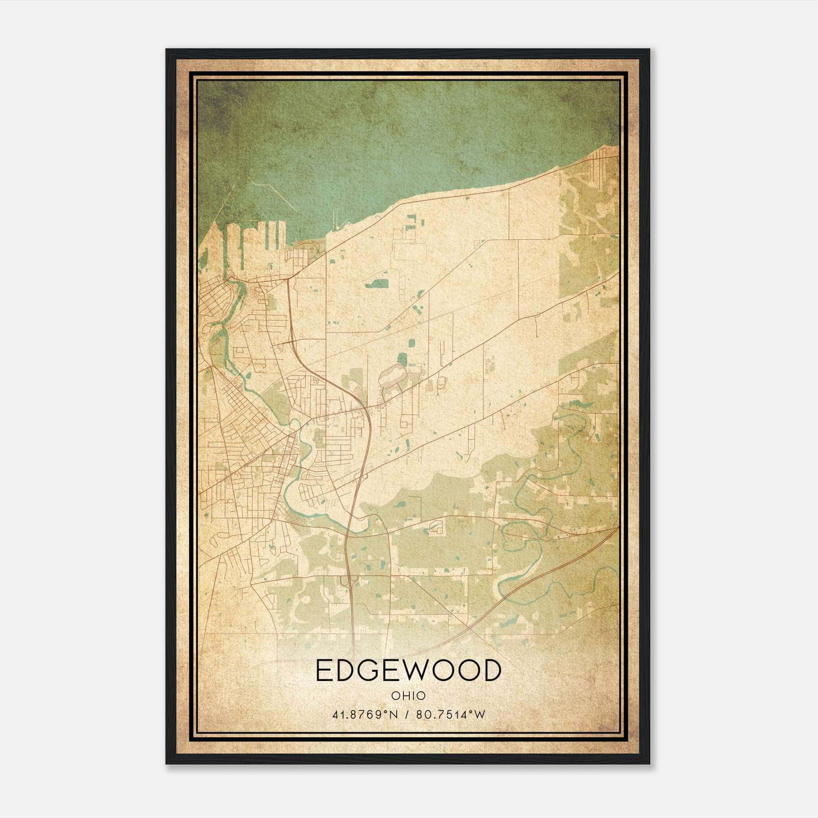 Vintage Edgewood Ohio Map Poster, Edgewood OH City Road Wall Art Print ...