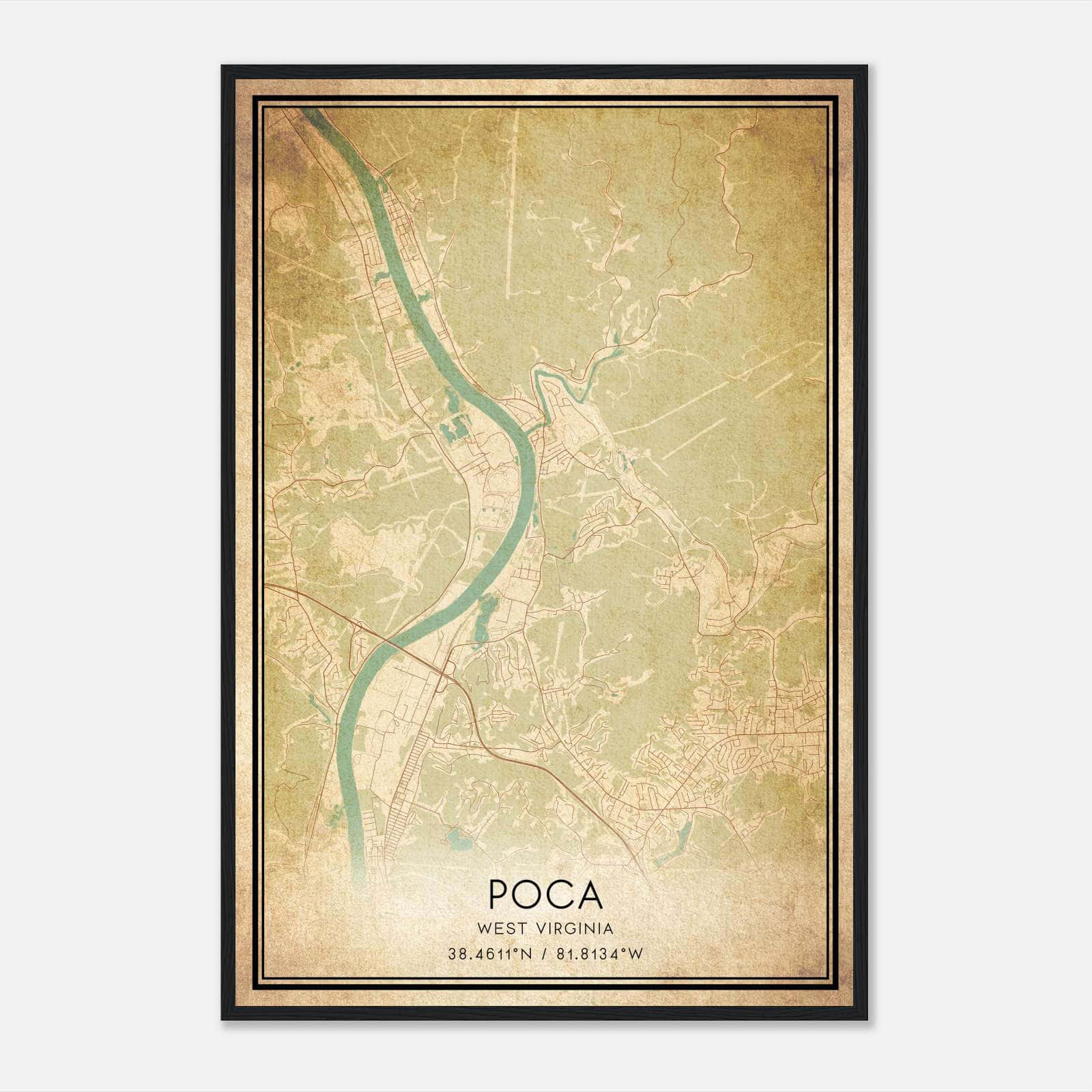 Vintage Poca West Virginia Map Poster, Poca WV City Road Wall Art Print ...