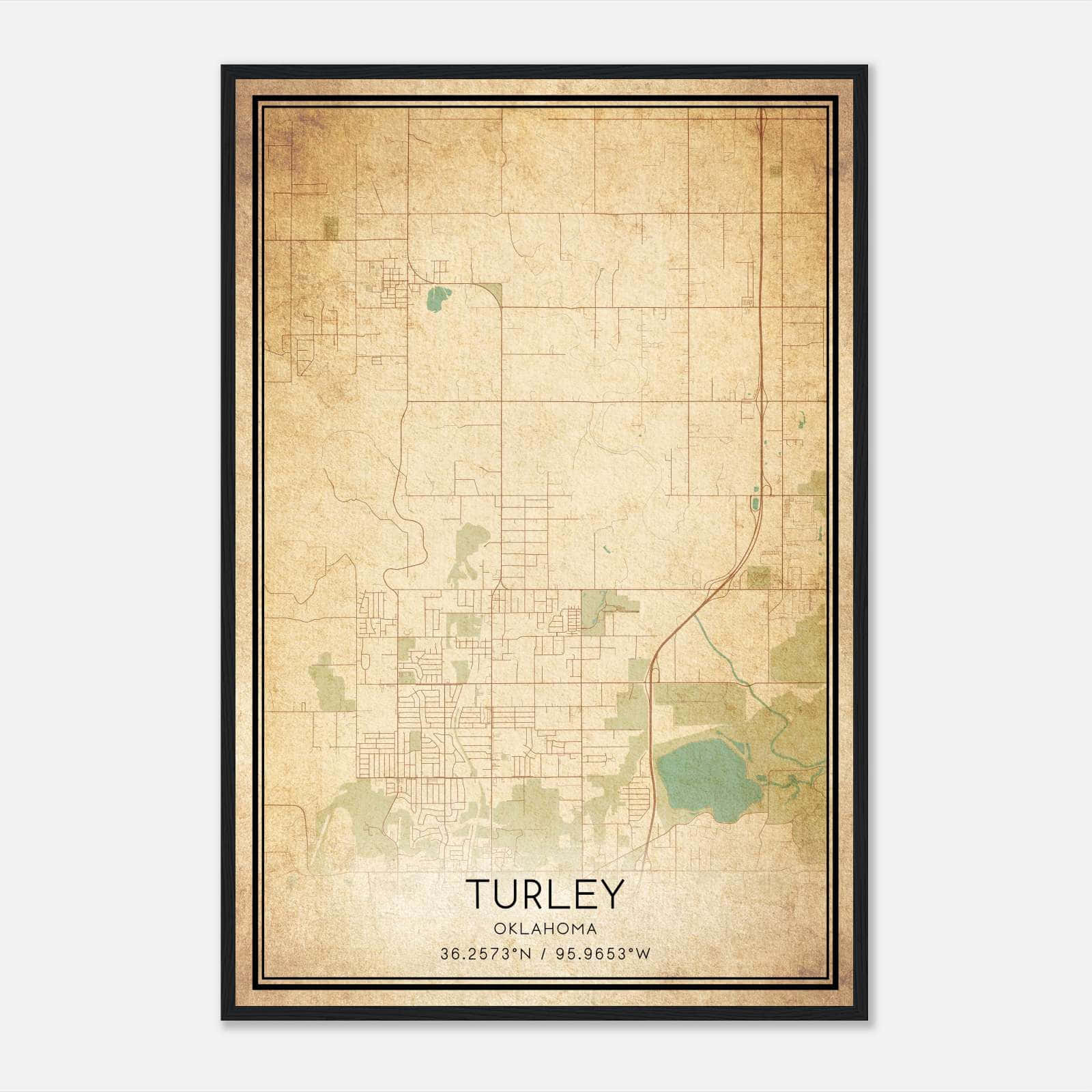 Vintage Turley Oklahoma Map Poster, Turley OK City Road Wall Art Print ...