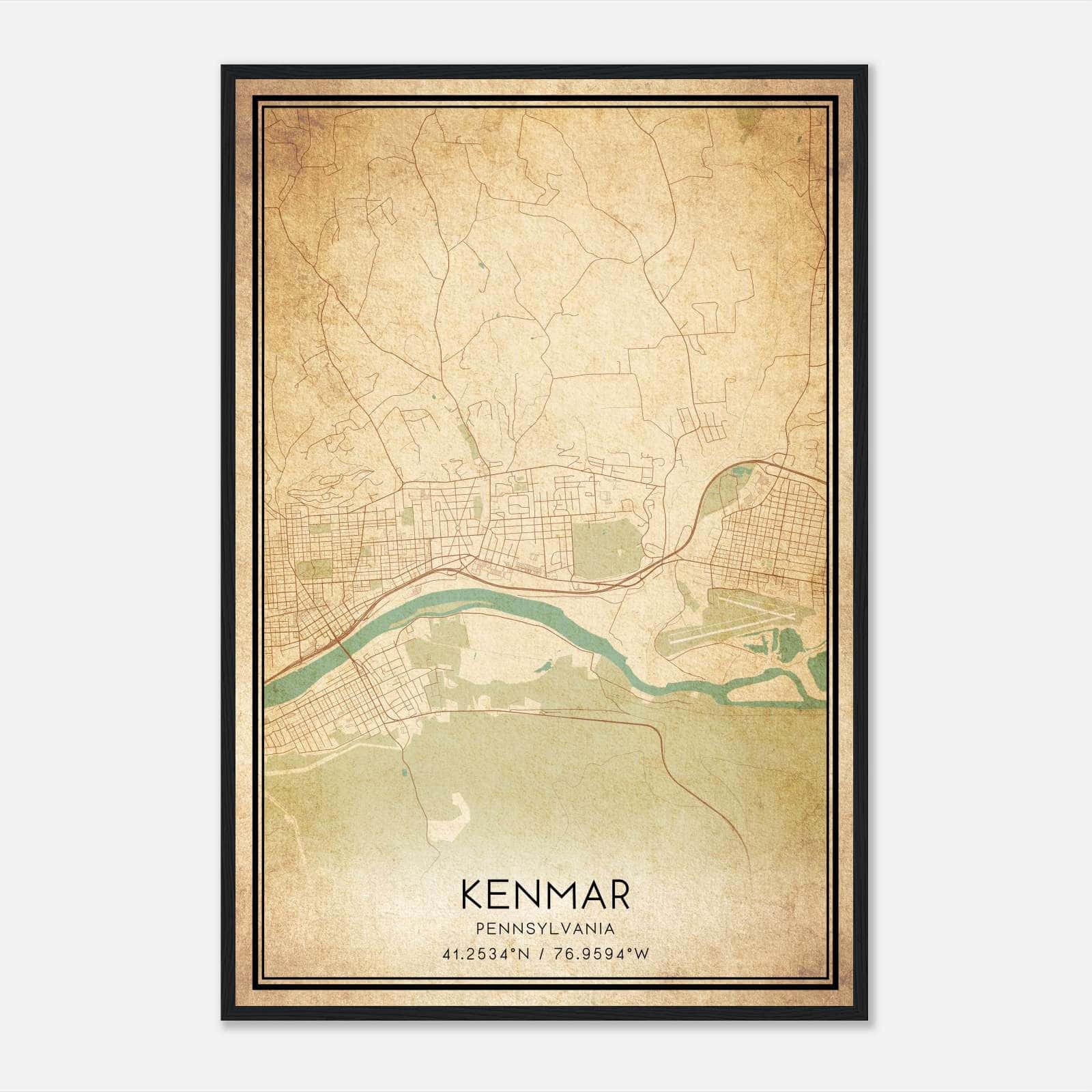 Vintage Kenmar Pennsylvania Map Poster, Kenmar PA City Road Wall Art ...