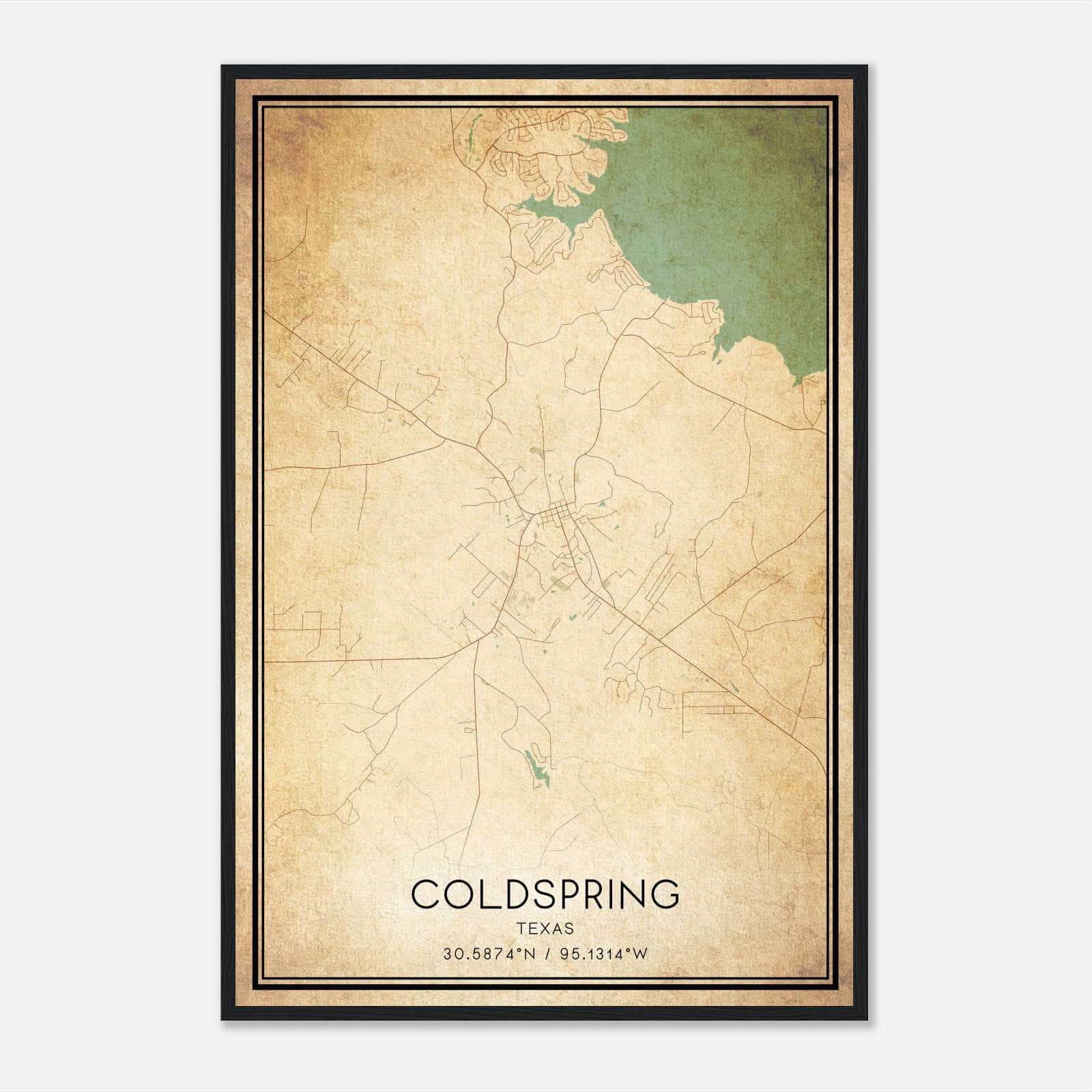 Vintage Coldspring Texas Map Poster, Coldspring TX City Road Wall Art ...