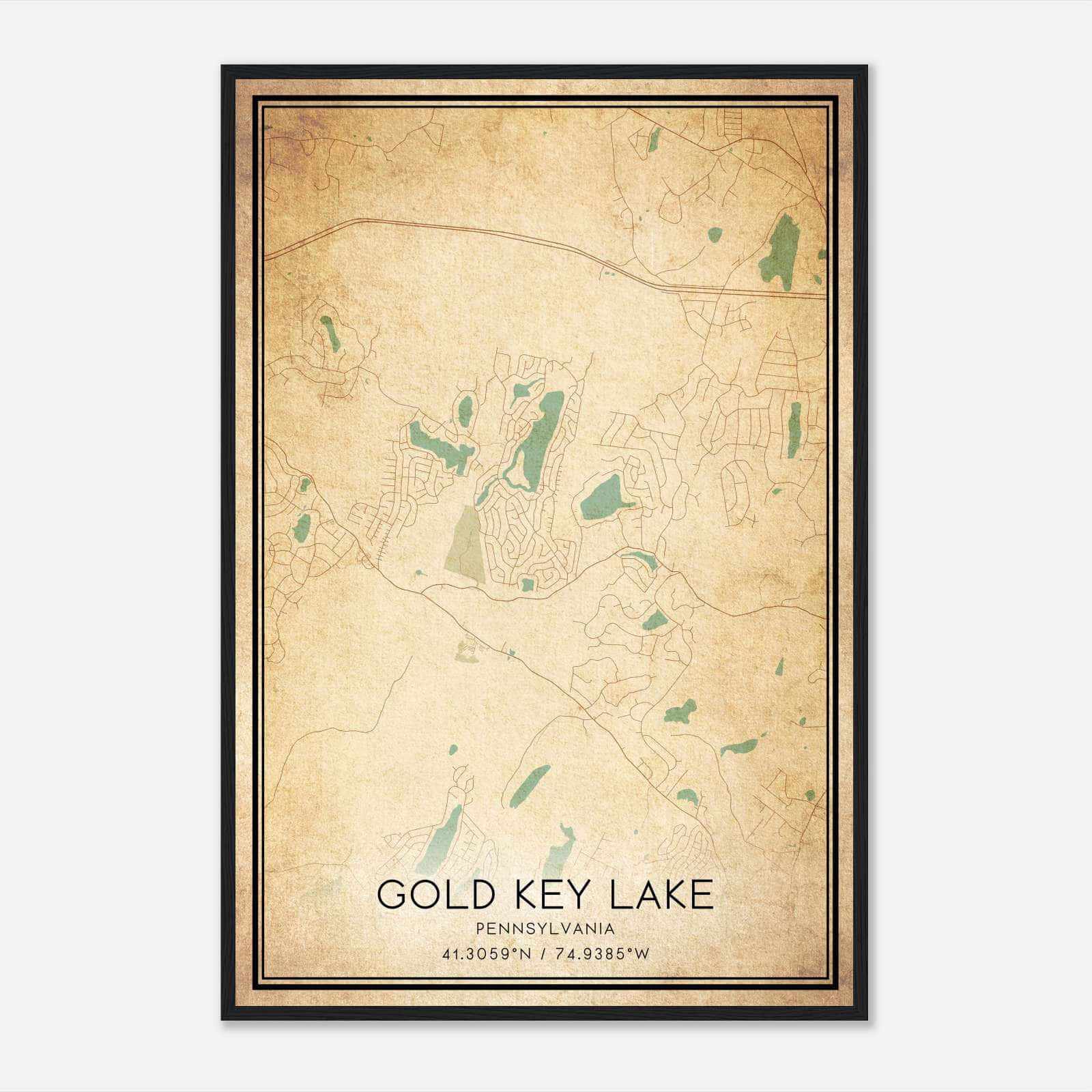 Vintage Gold Key Lake Pennsylvania Map Poster, Gold Key Lake PA City ...