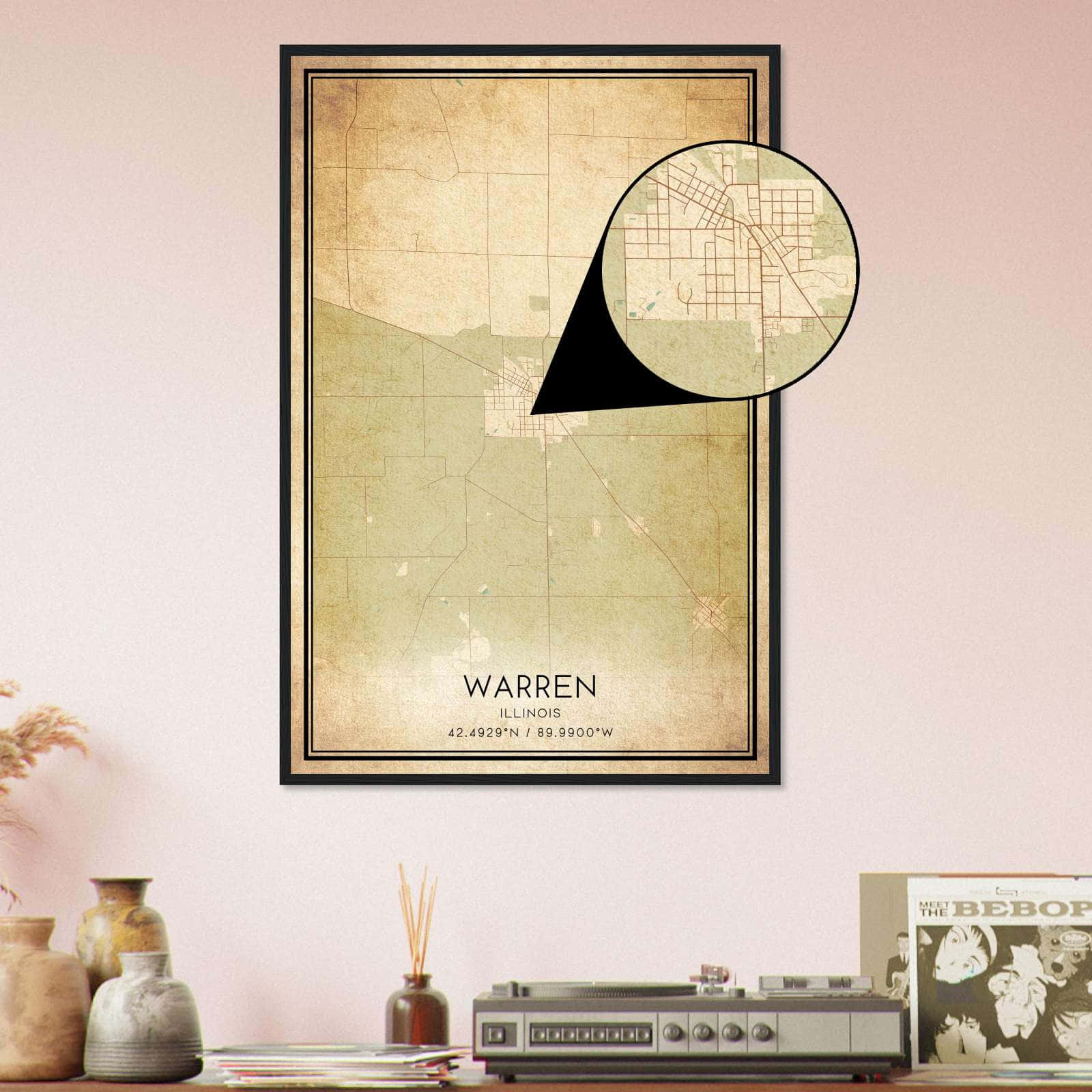 Vintage Warren Illinois Map Poster, Warren IL City Road Wall Art Print ...