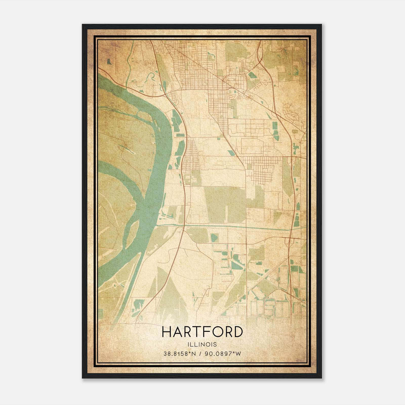 Vintage Hartford Illinois Map Poster, Hartford IL City Road Wall Art ...