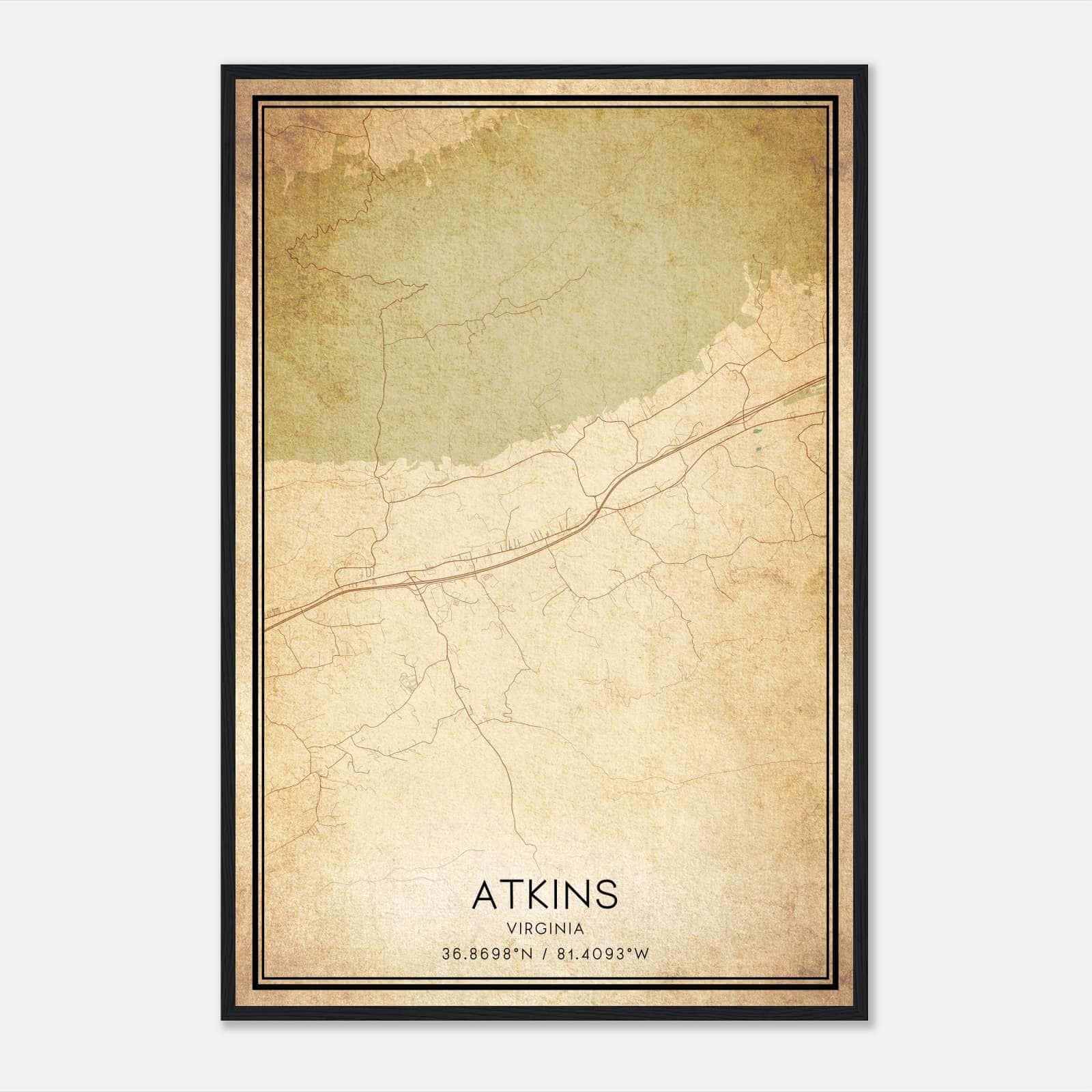 Vintage Atkins Virginia Map Poster, Atkins VA City Road Wall Art Print ...