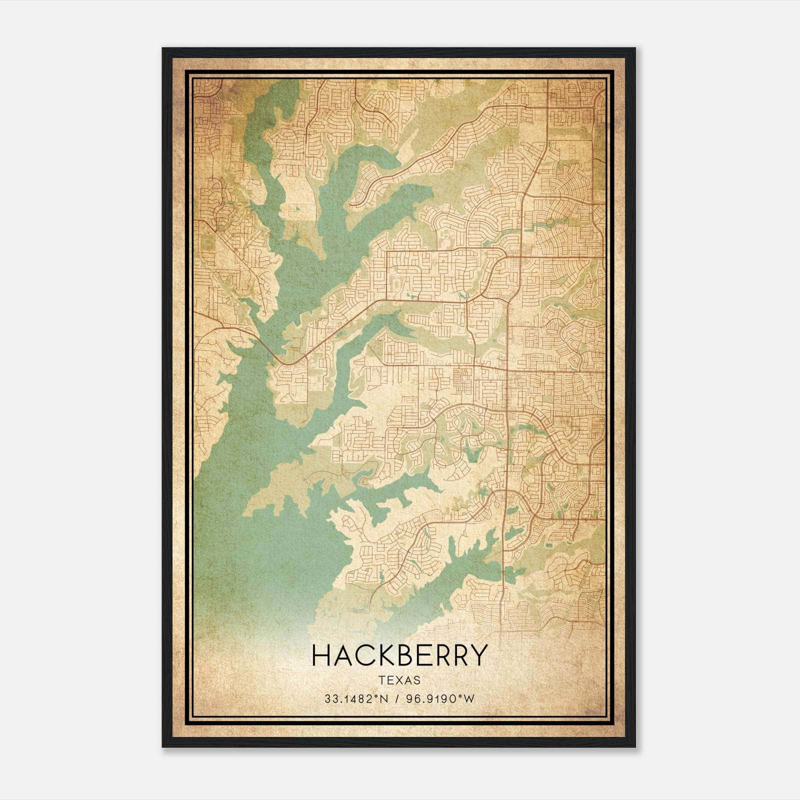 Vintage Hackberry Texas Map Poster, Hackberry TX City Road Wall Art ...